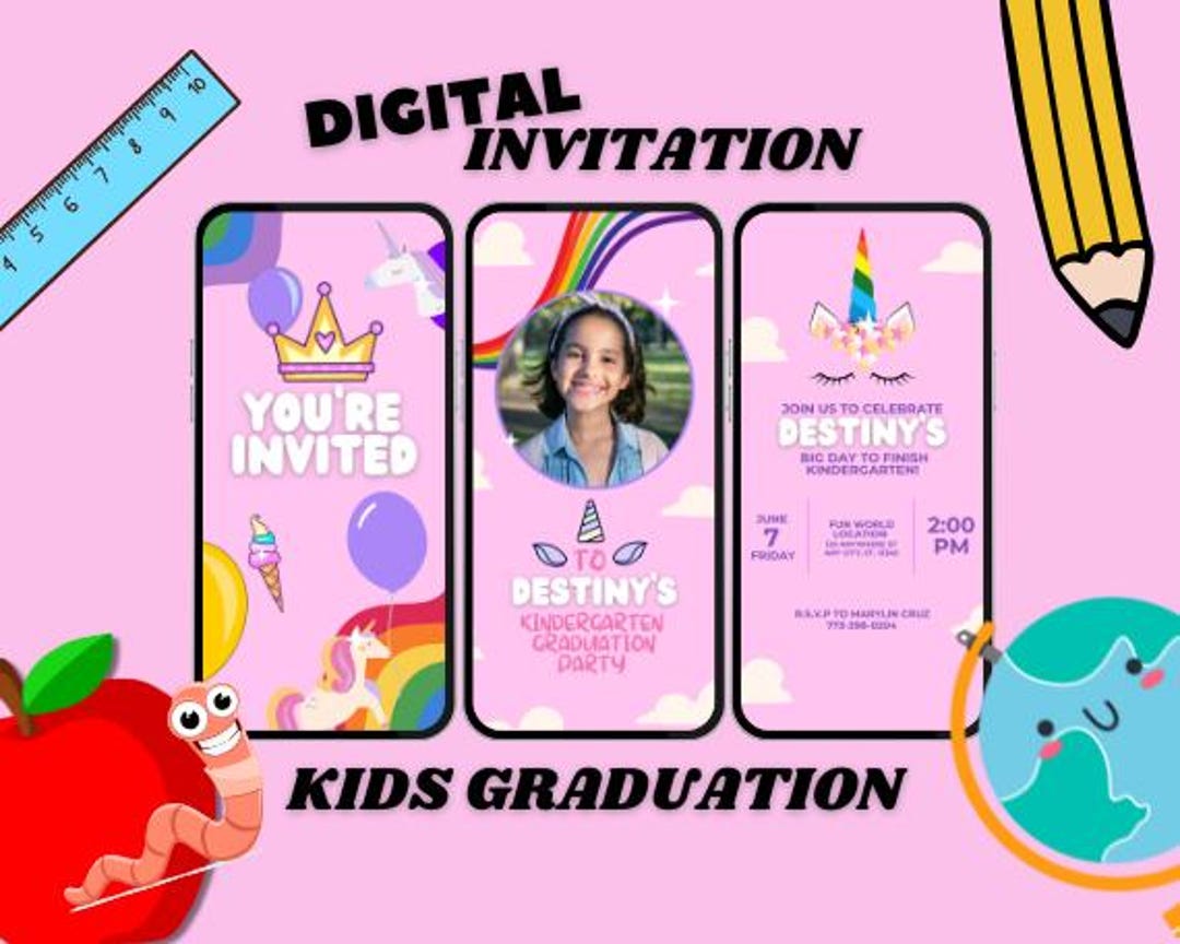 Unicorn Kids Animated Digital Graduation Invitation, Pink Customize ...