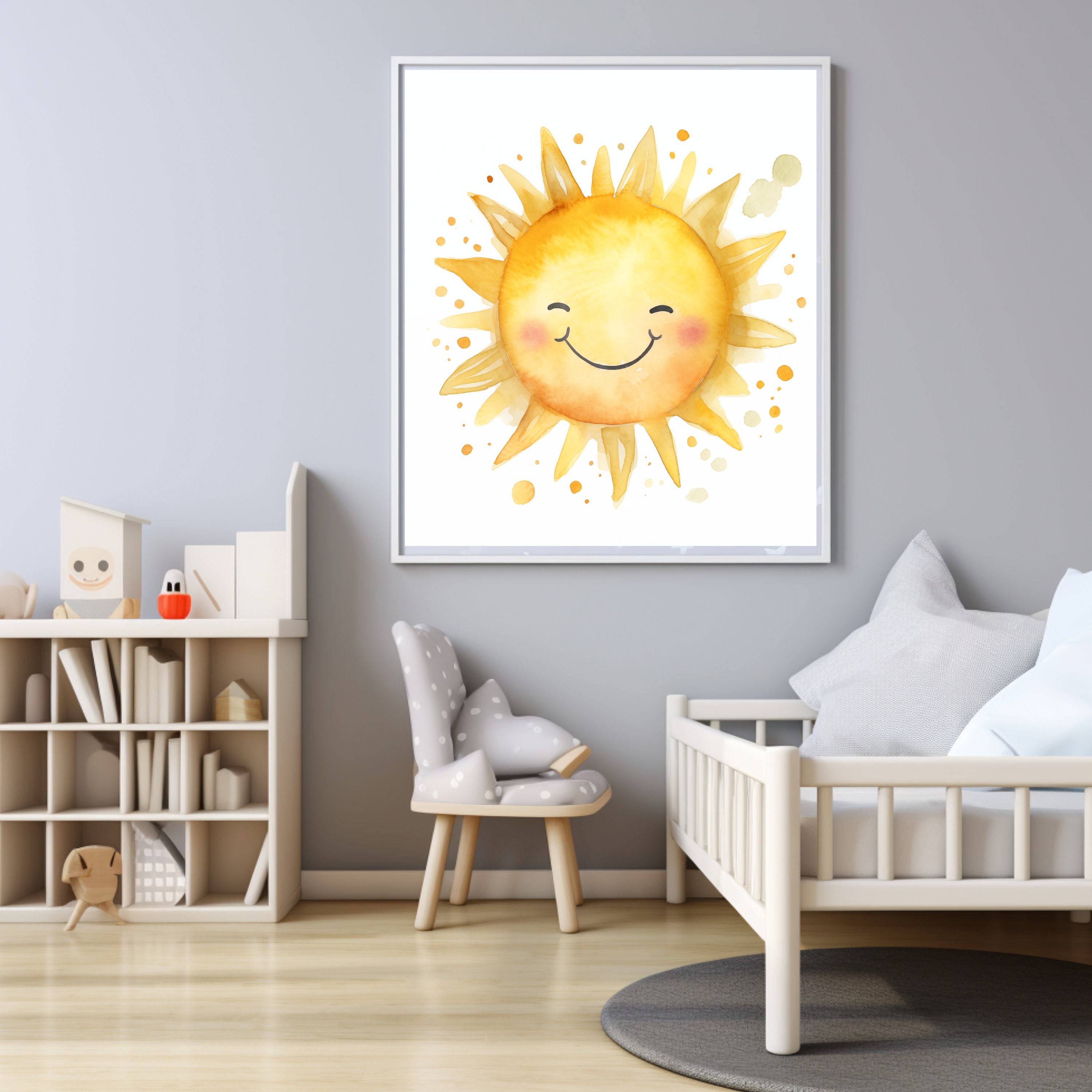 Watercolor Happy Sun Poster, Nursery Wall Art, Sun Playroom Decor ...