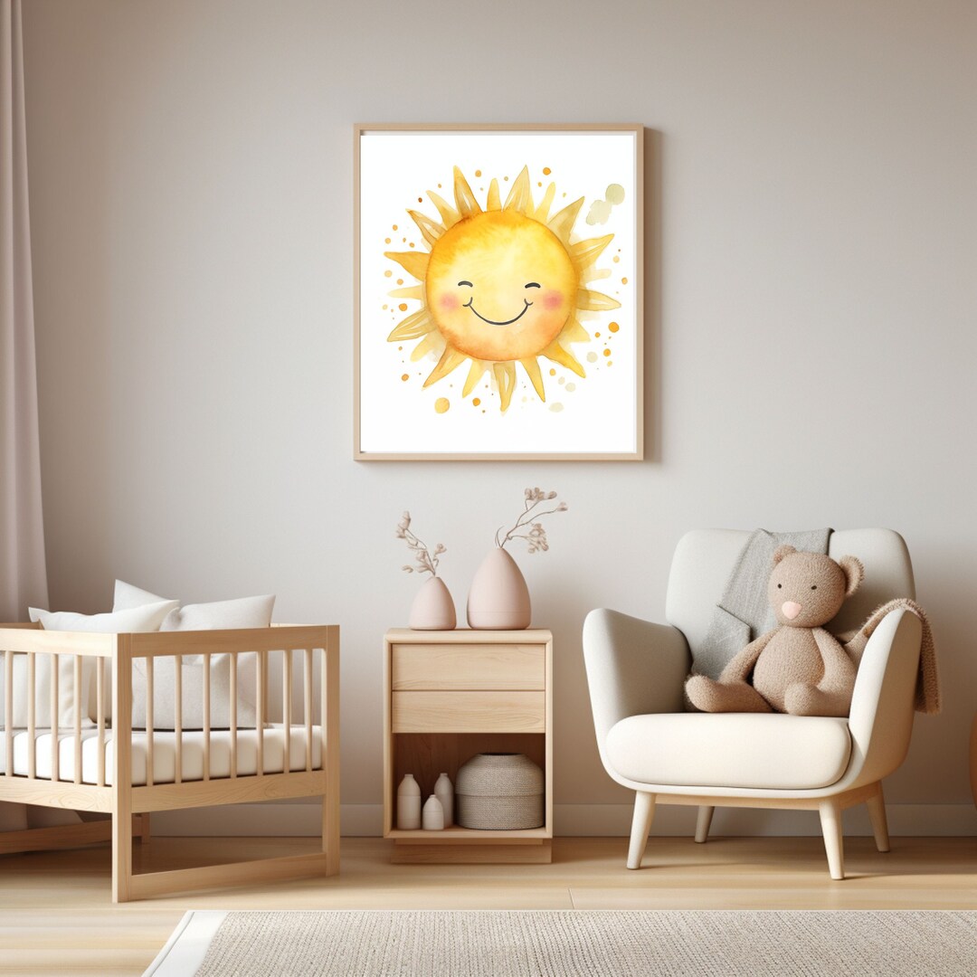 Watercolor Happy Sun Poster, Nursery Wall Art, Sun Playroom Decor ...