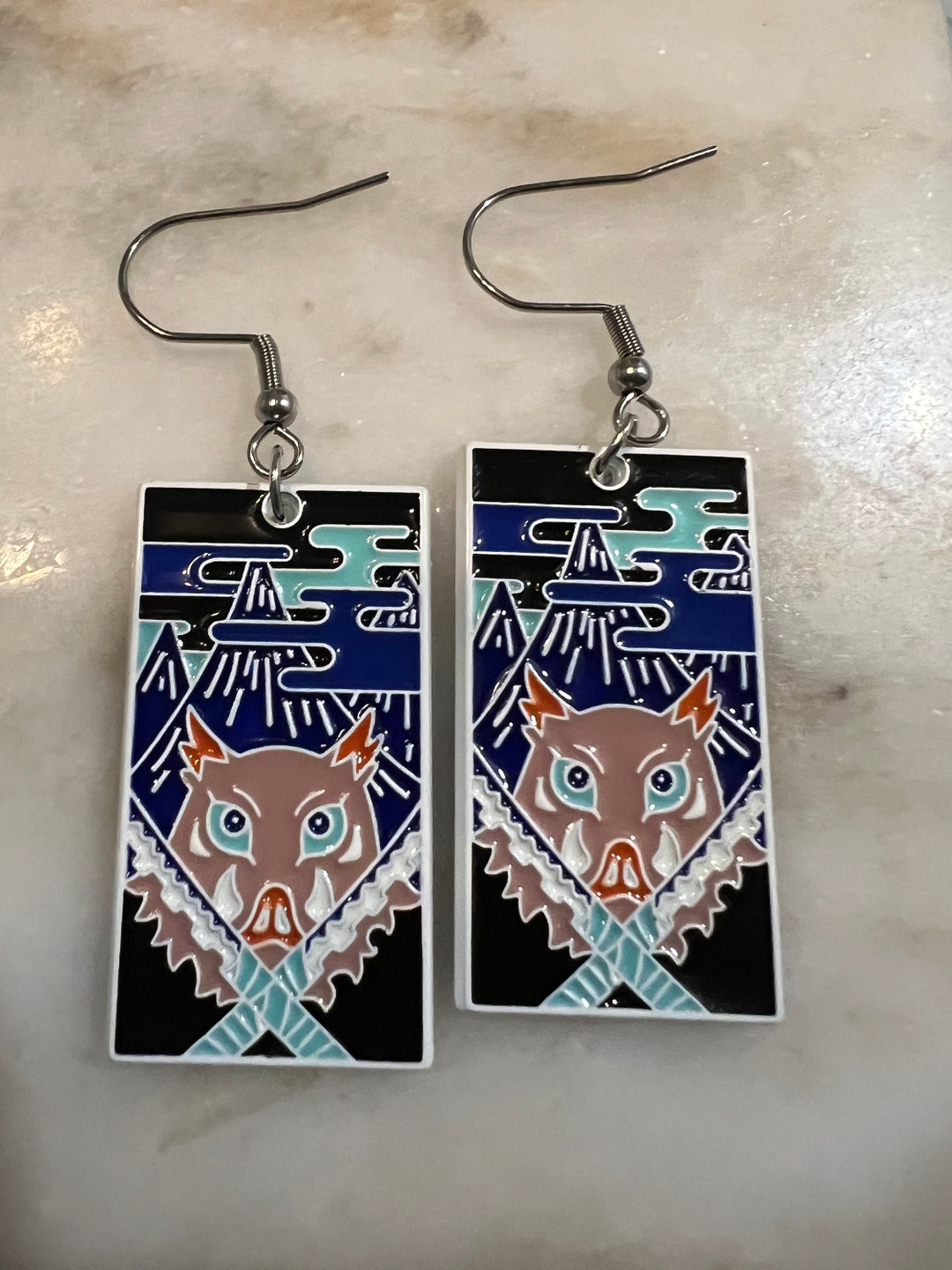 Inosuke Demon Slaying Anime Earrings Metal Soft Enamel Hanafuda - Etsy