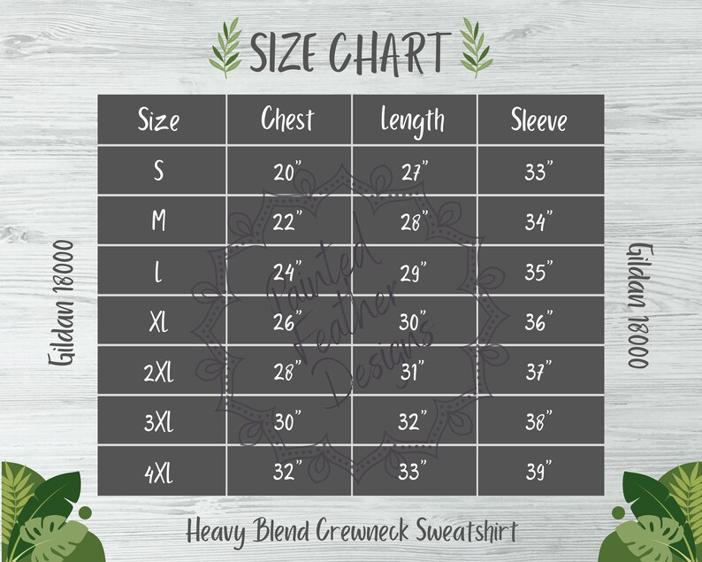 Gildan 18000 Boho Size Chart, Size Guide for Gildan 18000 Heavy Blend ...