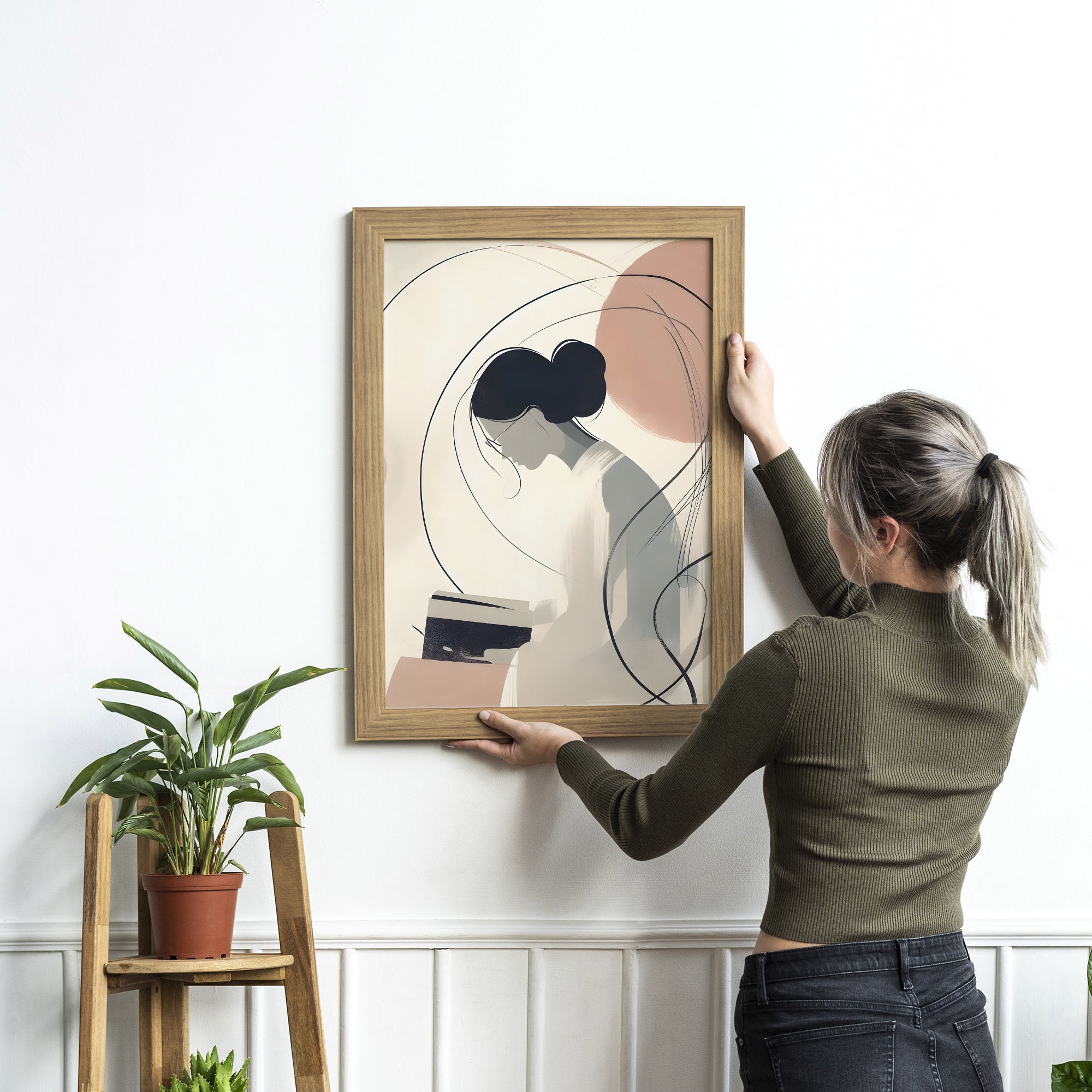 Abstract Woman Reading Book, Minimal Wall Artwork, Neutral Colors ...