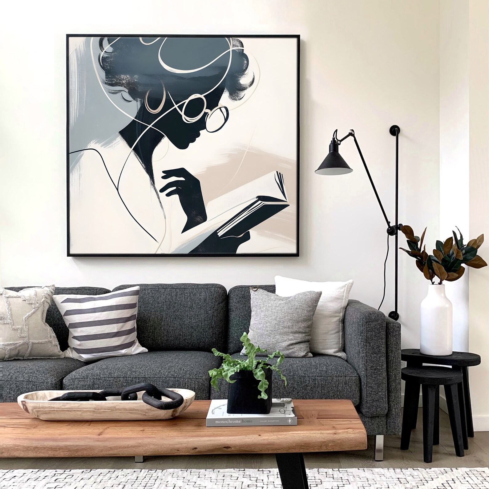 Woman Reading in Glasses, Book Worm Decor, Blue Tones Abstract Wall Art ...