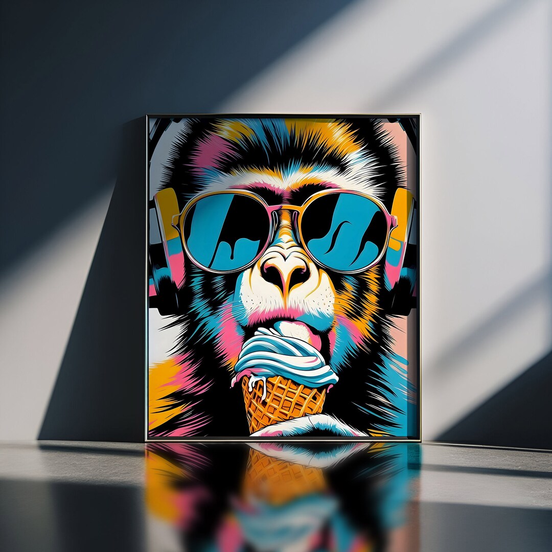 Colorful Pop Art of Monkey Eating Ice Cream Listening to Music Modern ...