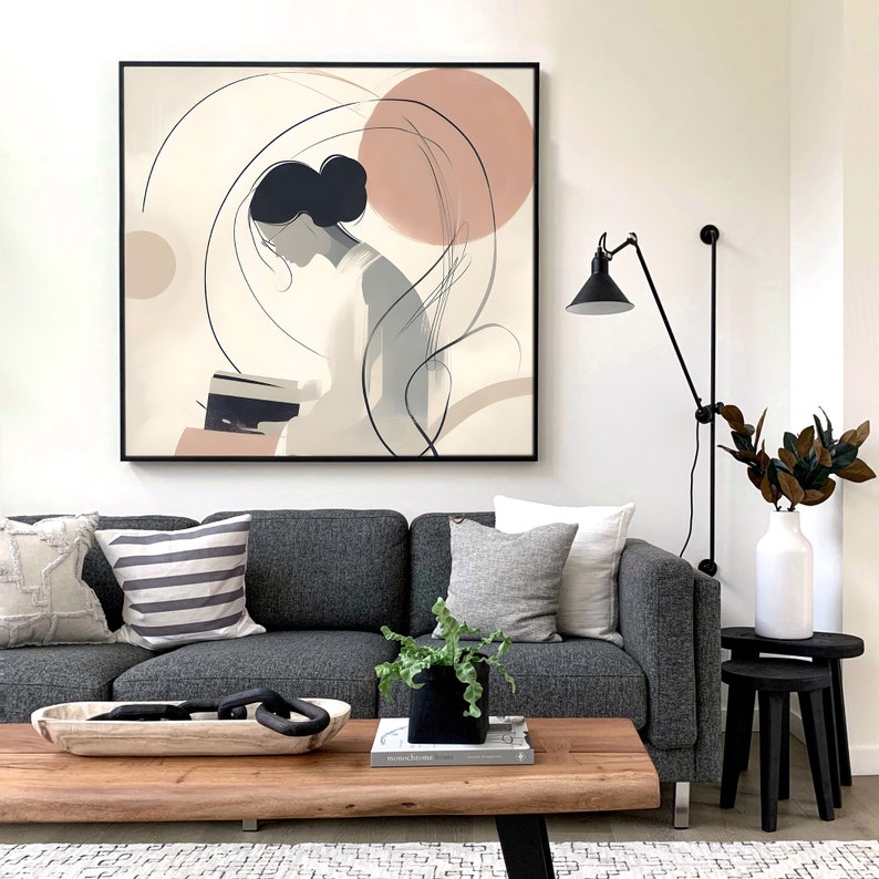 Abstract Woman Reading Book, Minimal Wall Artwork, Neutral Colors ...