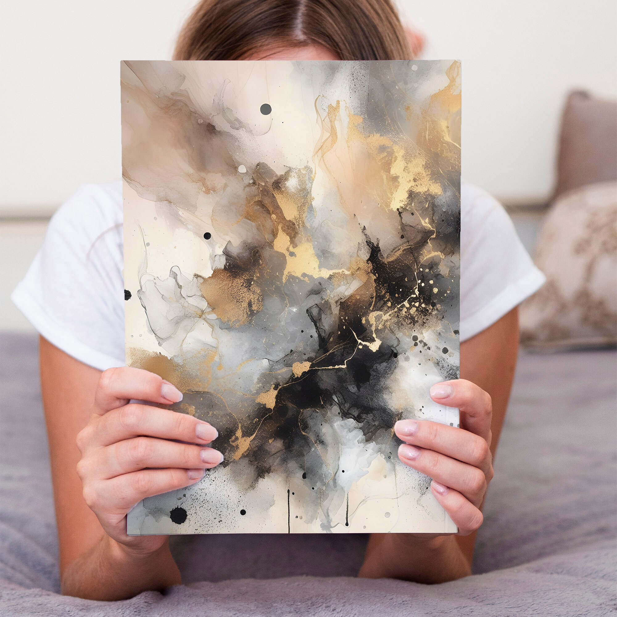 Minimal Luxury Abstract Art - Black & Gold Paint Splatters, Brush ...