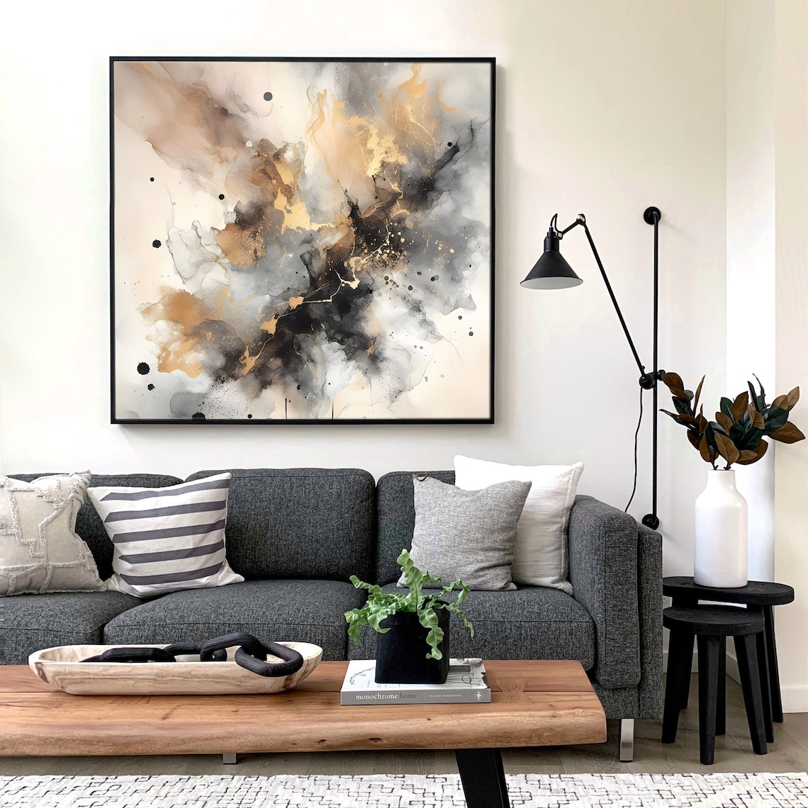 Minimal Luxury Abstract Art - Black & Gold Paint Splatters, Brush ...