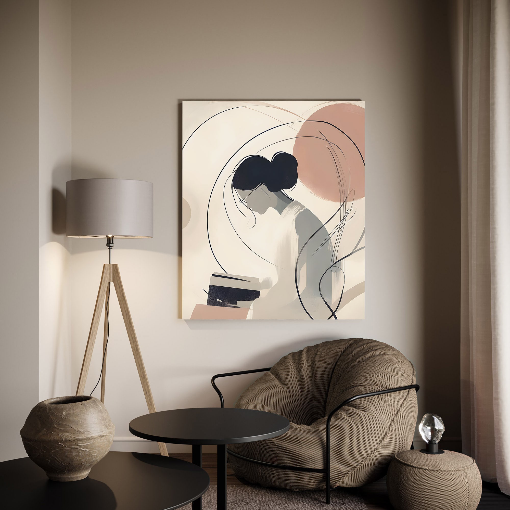 Abstract Woman Reading Book, Minimal Wall Artwork, Neutral Colors ...