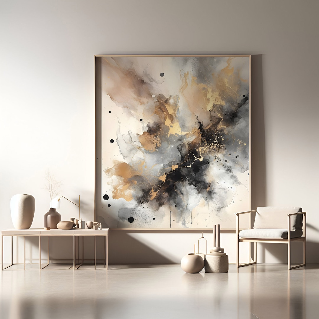 Minimal Luxury Abstract Art - Black & Gold Paint Splatters, Brush ...