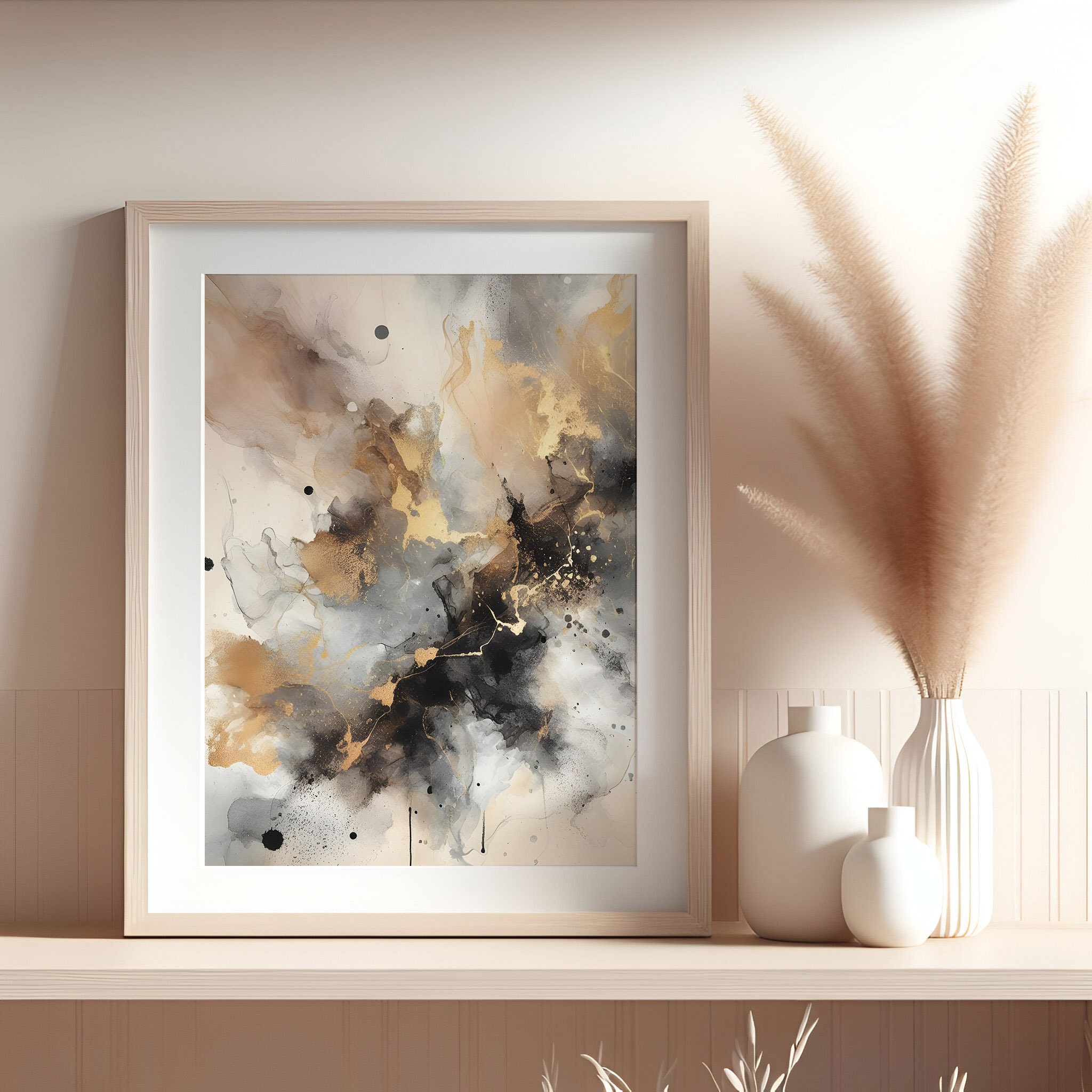 Minimal Luxury Abstract Art - Black & Gold Paint Splatters, Brush ...
