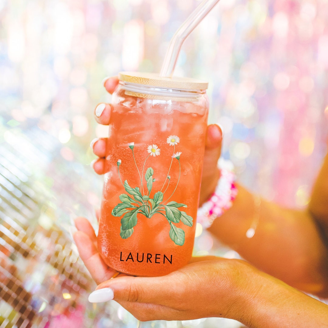 April Custom Birth Flower Gift Personalized Glass Can Birthday Gift for ...