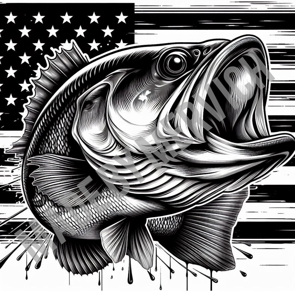 Laser Engrave PNG - Bass With American Flag / Fishing / Laser Ready / PNG for Engraving / Laser ...