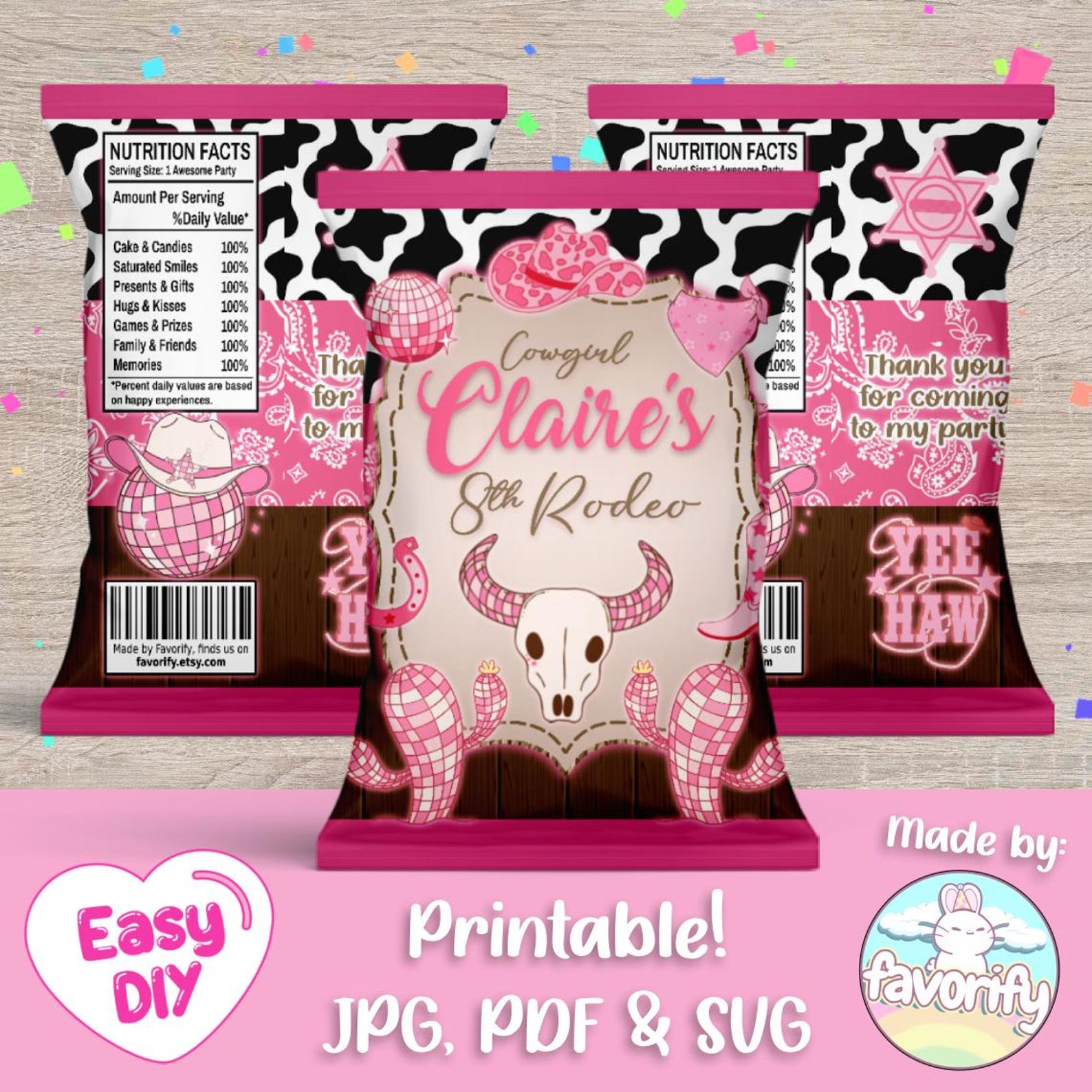 Cowgirl Chip Bag Wrappers - Cowgirl Birthday - Pink Disco Cowgirl ...