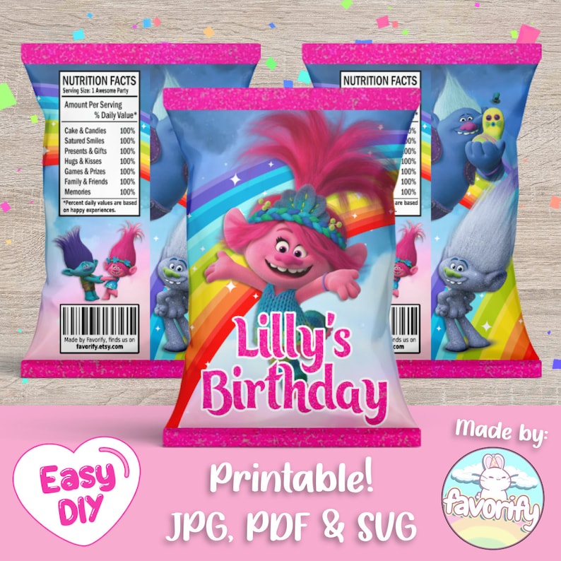 Trolls Chip Bags Wrapper Trolls Party Trolls Labels Girl Poppy Favor ...