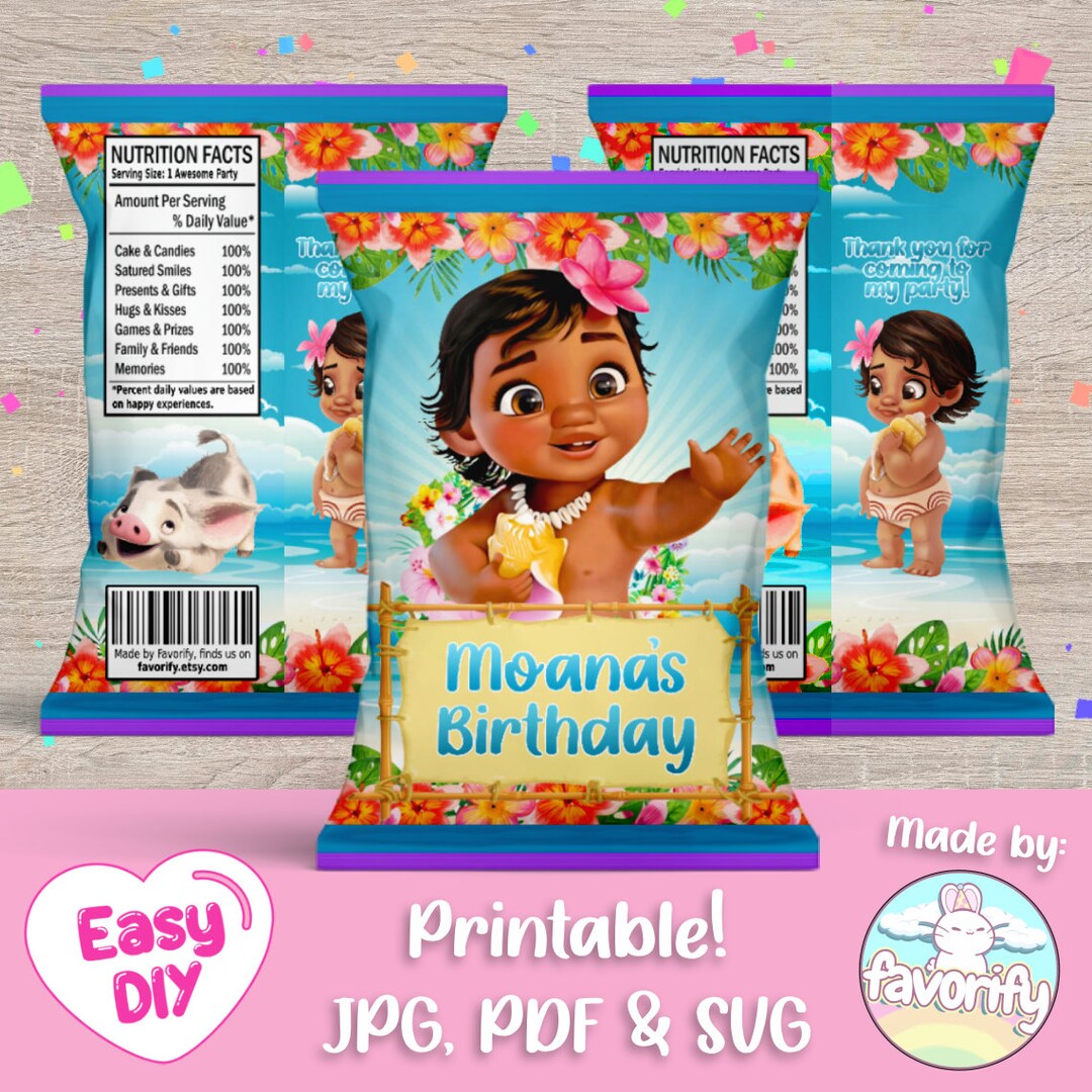 Moana Chip Bags Wrapper - Baby Moana Party - Favor Bags - Chips ...