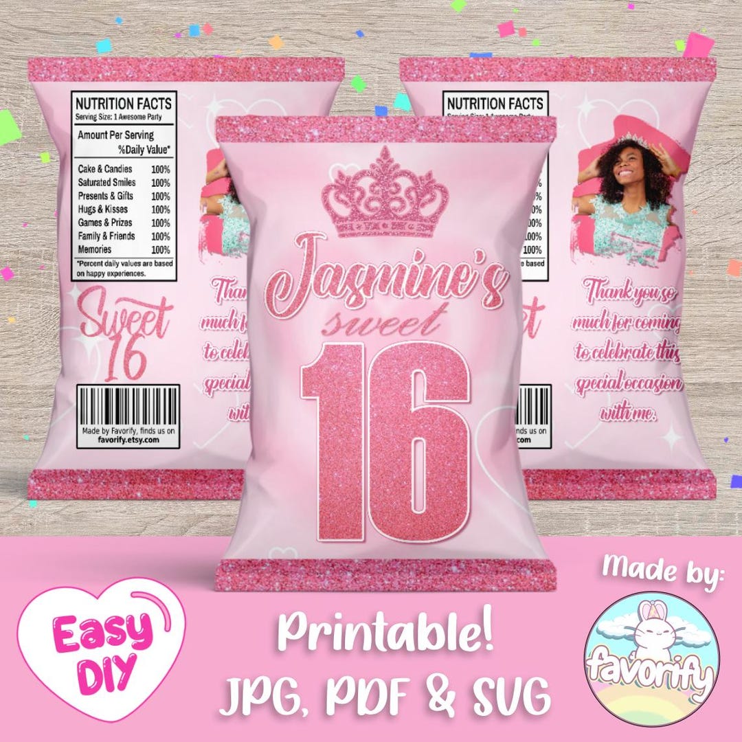 Sweet 16 Chip Bags Wrapper - Sweet Sixteen - 16 Birthday - Sixteen Party - Favor Bags - Chips ...