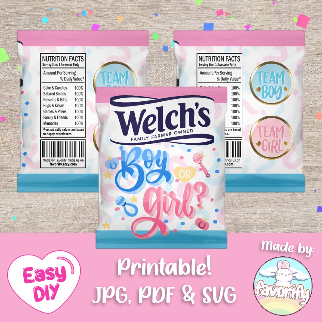 Gender Reveal Fruit Snacks Wrapper - Fruit Snacks Labels - Favor Bags ...