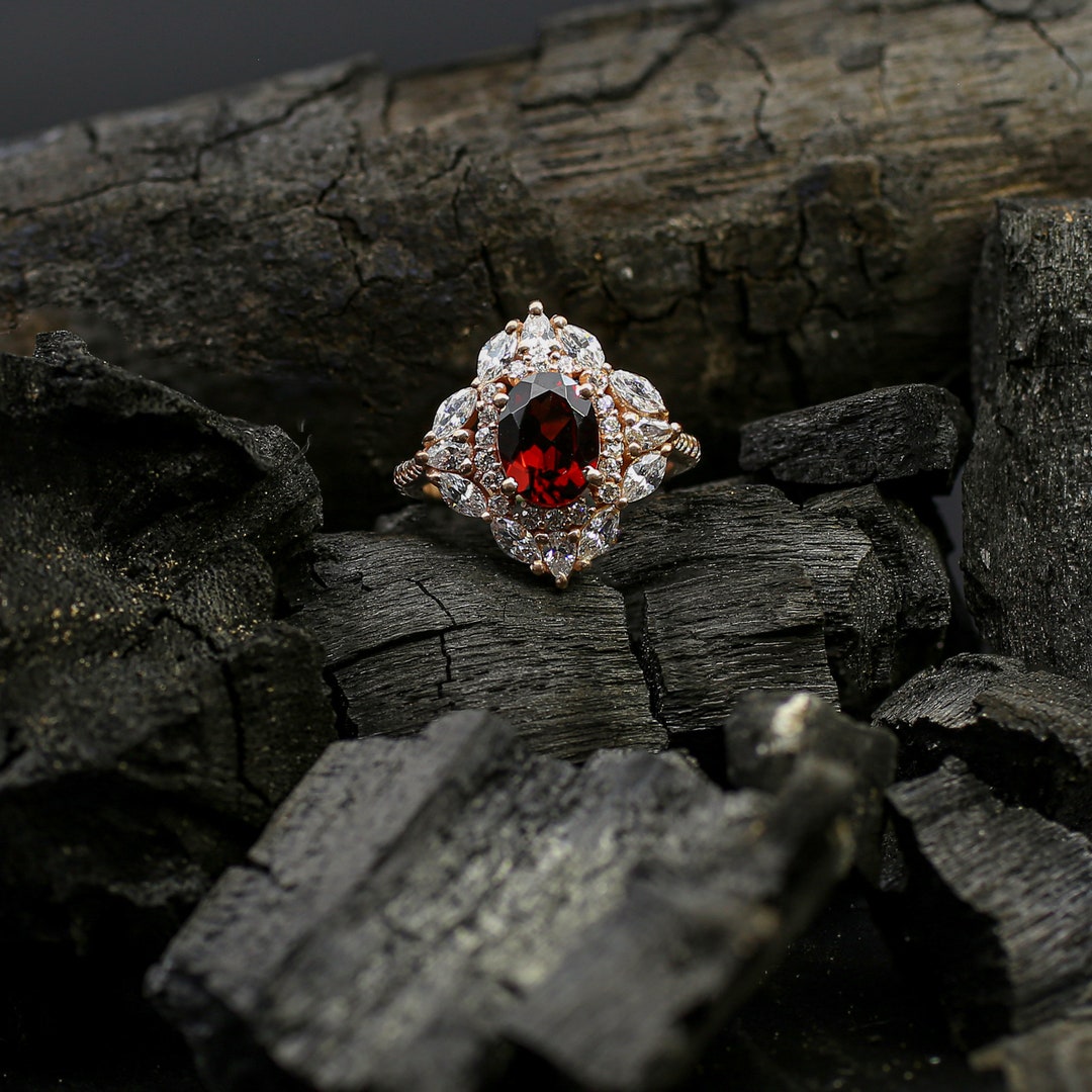 Garnet Wedding Ring Set: Rose Gold Diamond Cluster, Sterling Silver - Etsy