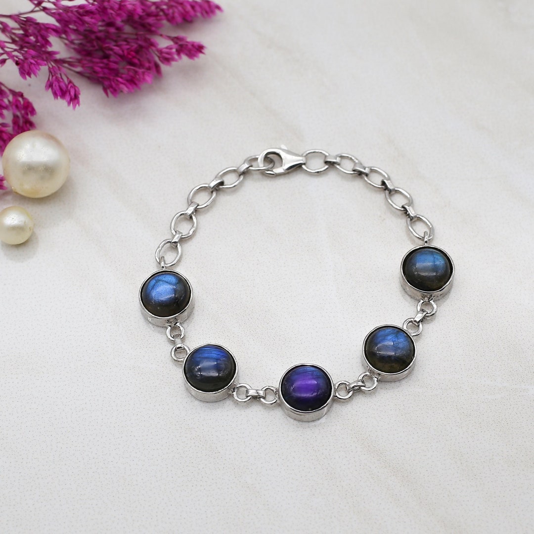 Labradorite Sterling Silver Bracelet: Adjustable Round Gemstone Jewelry ...