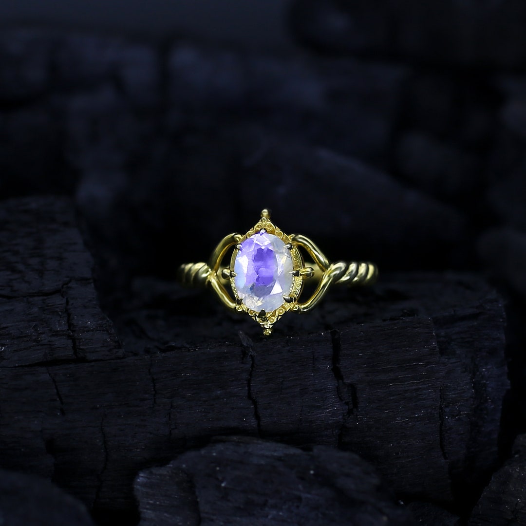 Solitaire Moonstone Ring Oval Rainbow Moonstone Engagement Ring Twisted ...