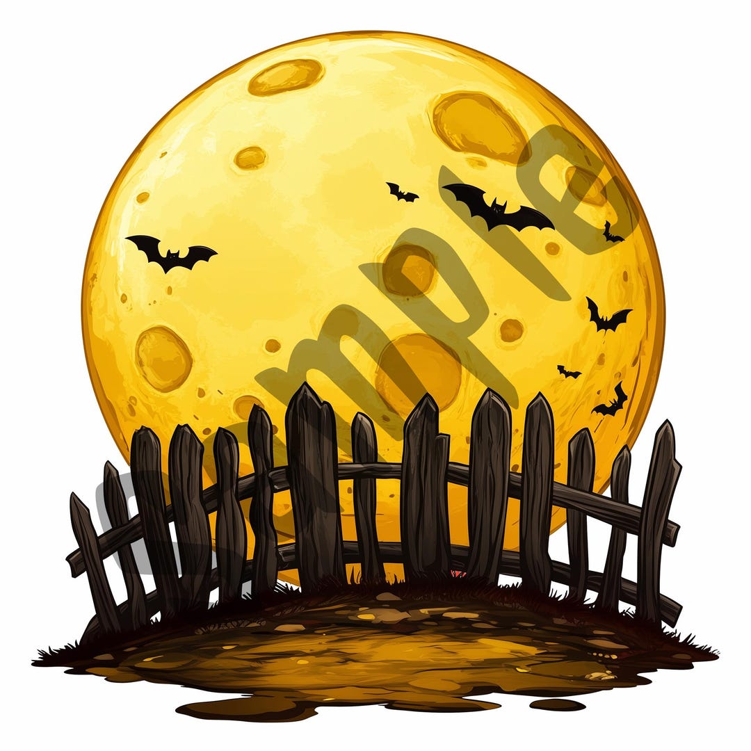 Cartoon Spooky, Creepy Moon Background With Fence Digital Download PNG ...