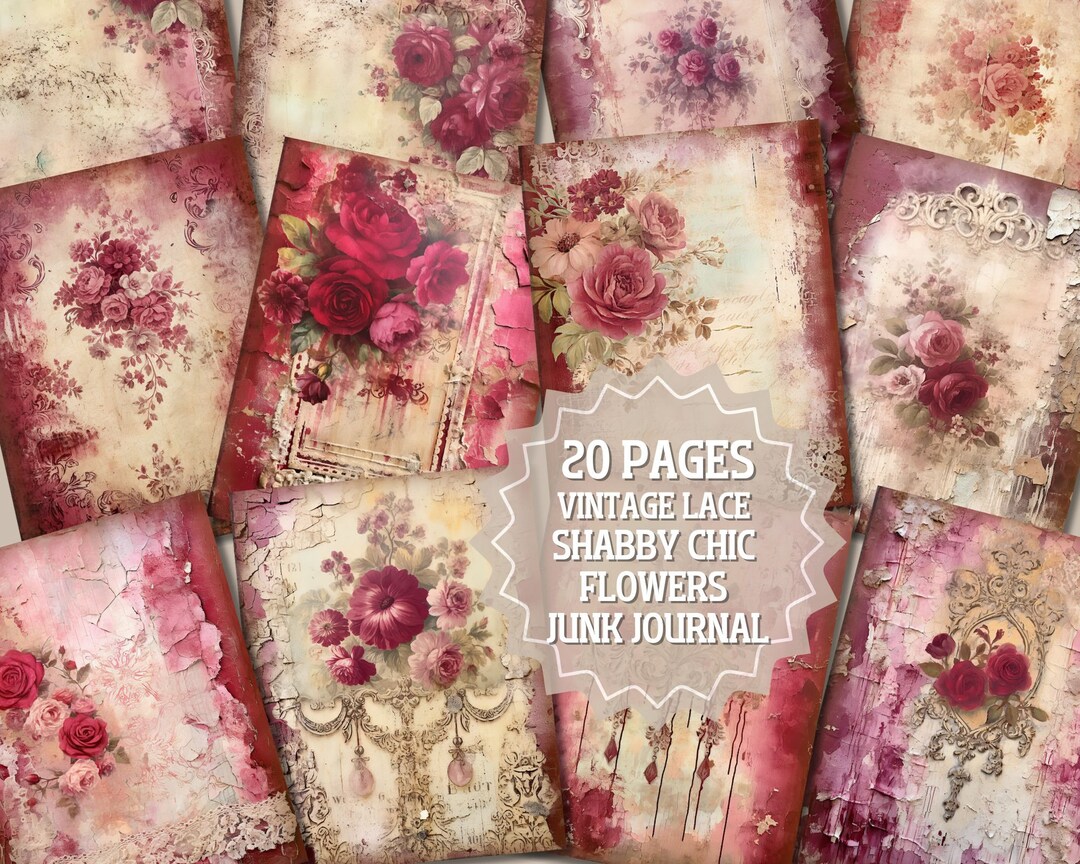 Vintage Lace and Shabby Chic Flowers Junk Journal Pages, Red Floral ...