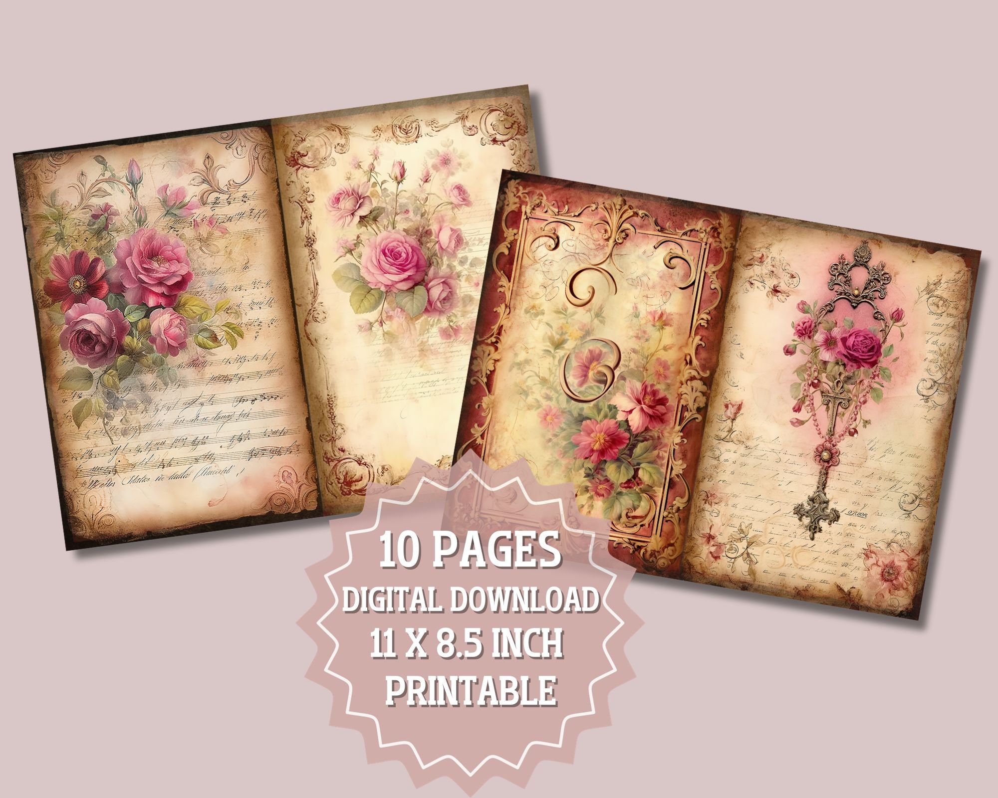 Victorian Rose Junk Journal Pages,vintage Rose Digital Scrapbook Paper ...