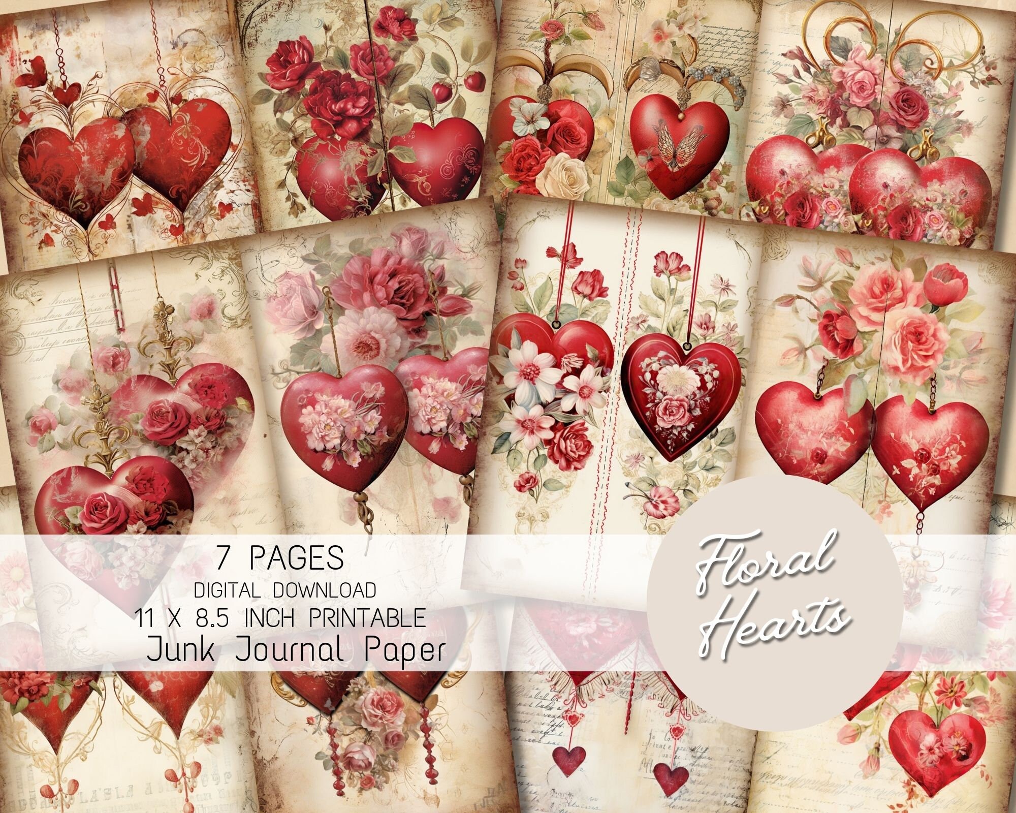 Valentine Floral Hearts Junk Journal Kit Vintage Love Digital Paper for ...