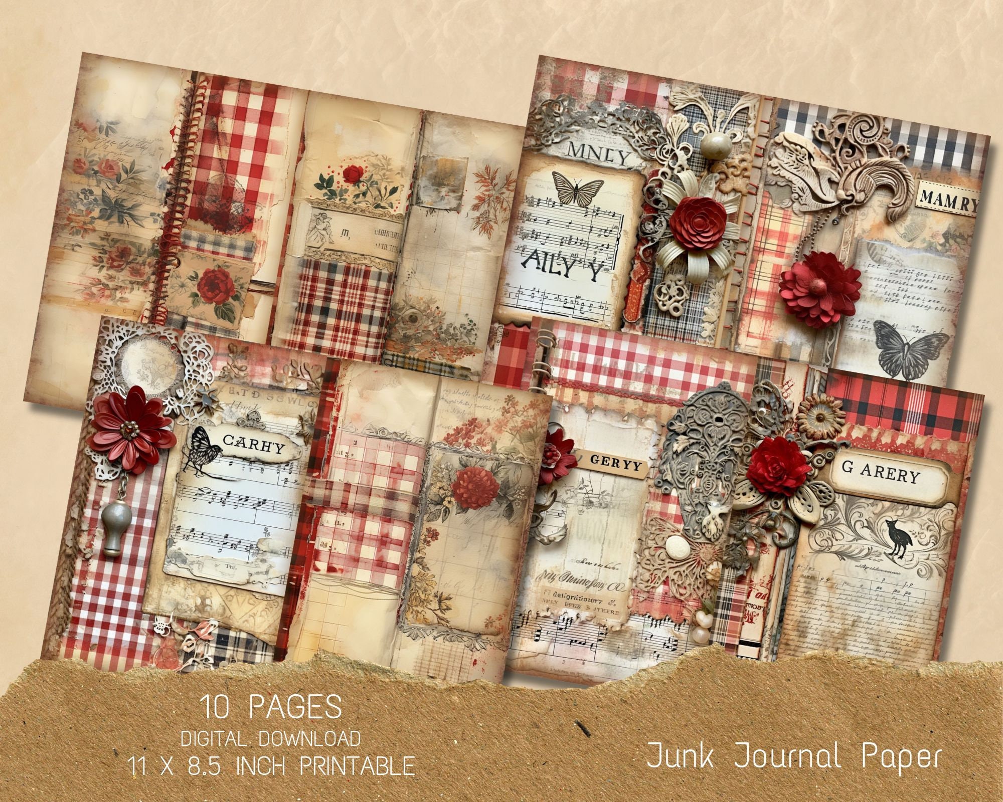 Plaid Patterns Junk Journal Pages, Digital Scrapbook Paper Kit, Plaid ...
