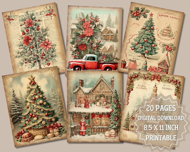 Vintage Christmas Junk Journal Pages, Vintage Christmas Scene Junk ...