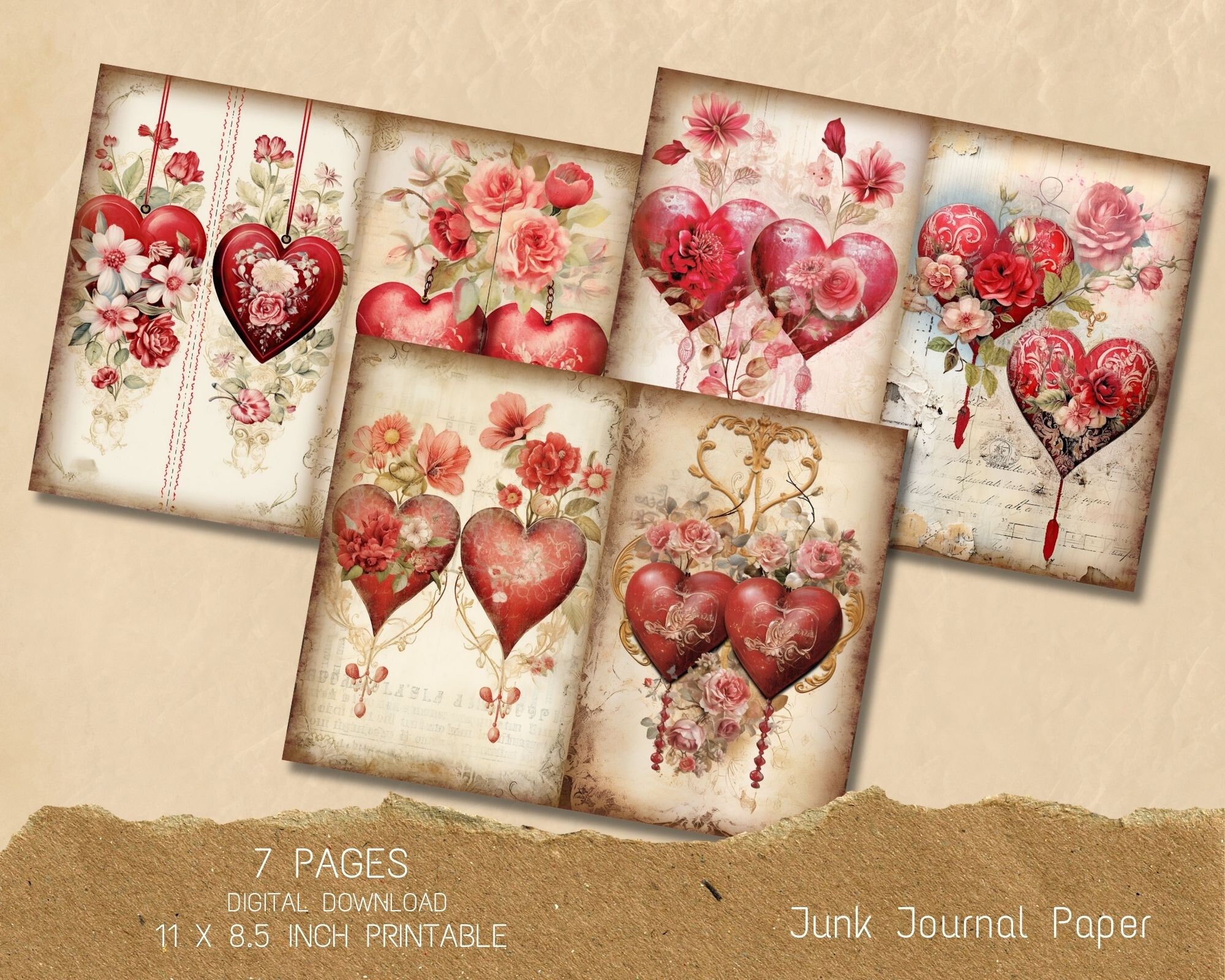 Valentine Floral Hearts Junk Journal Kit Vintage Love Digital Paper for ...