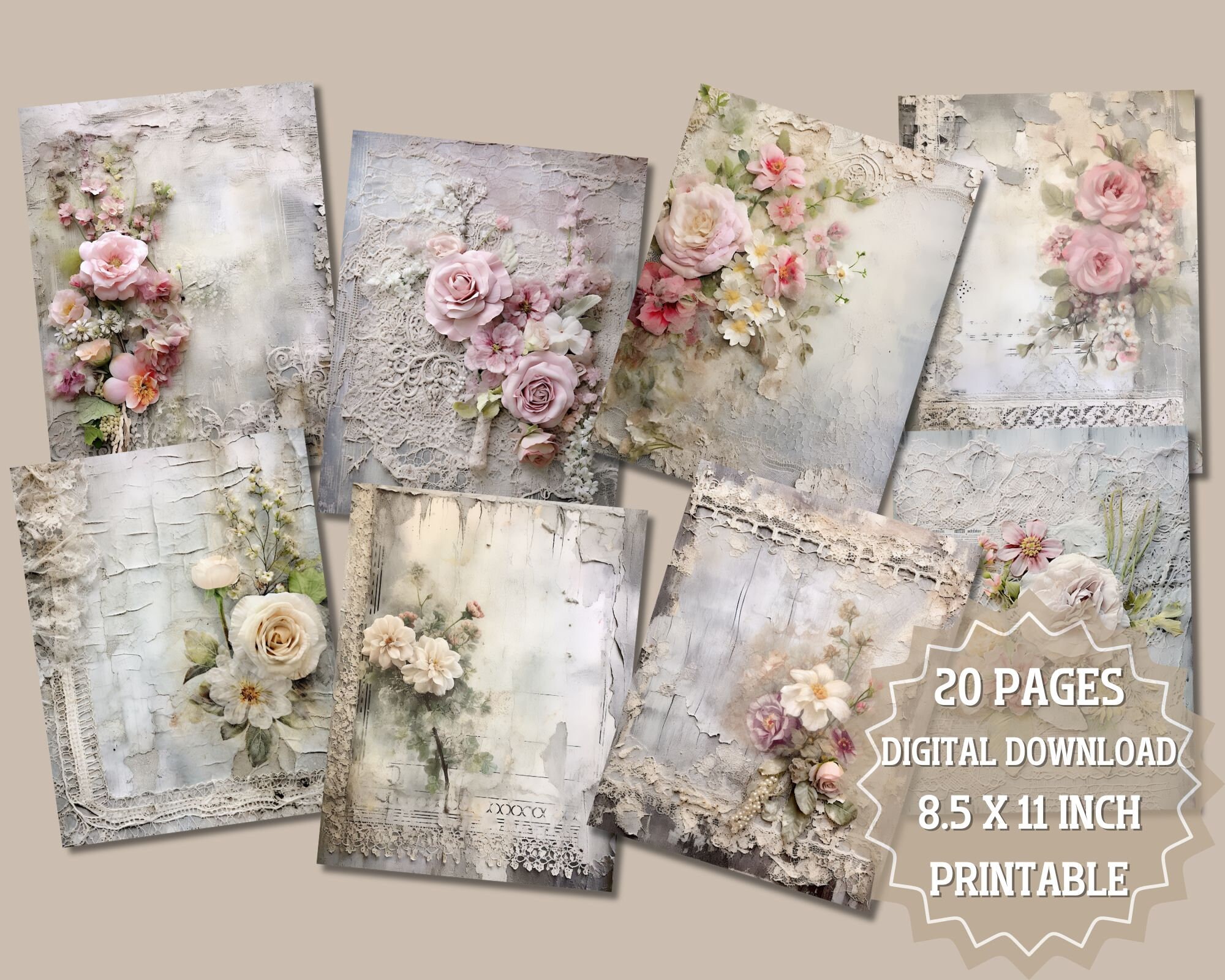 Vintage Lace and Shabby Chic Flowers Junk Journal Pages, Grey Floral ...
