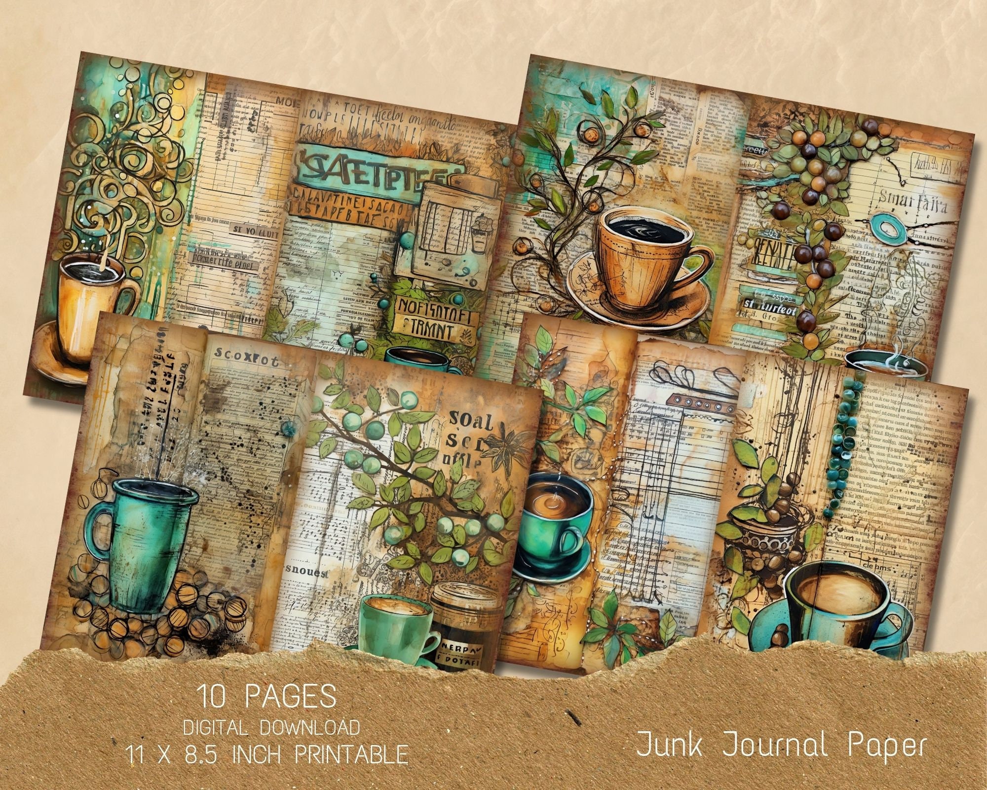 Coffee Storybook Junk Journal, in the Style of Brow and Dark Green ...