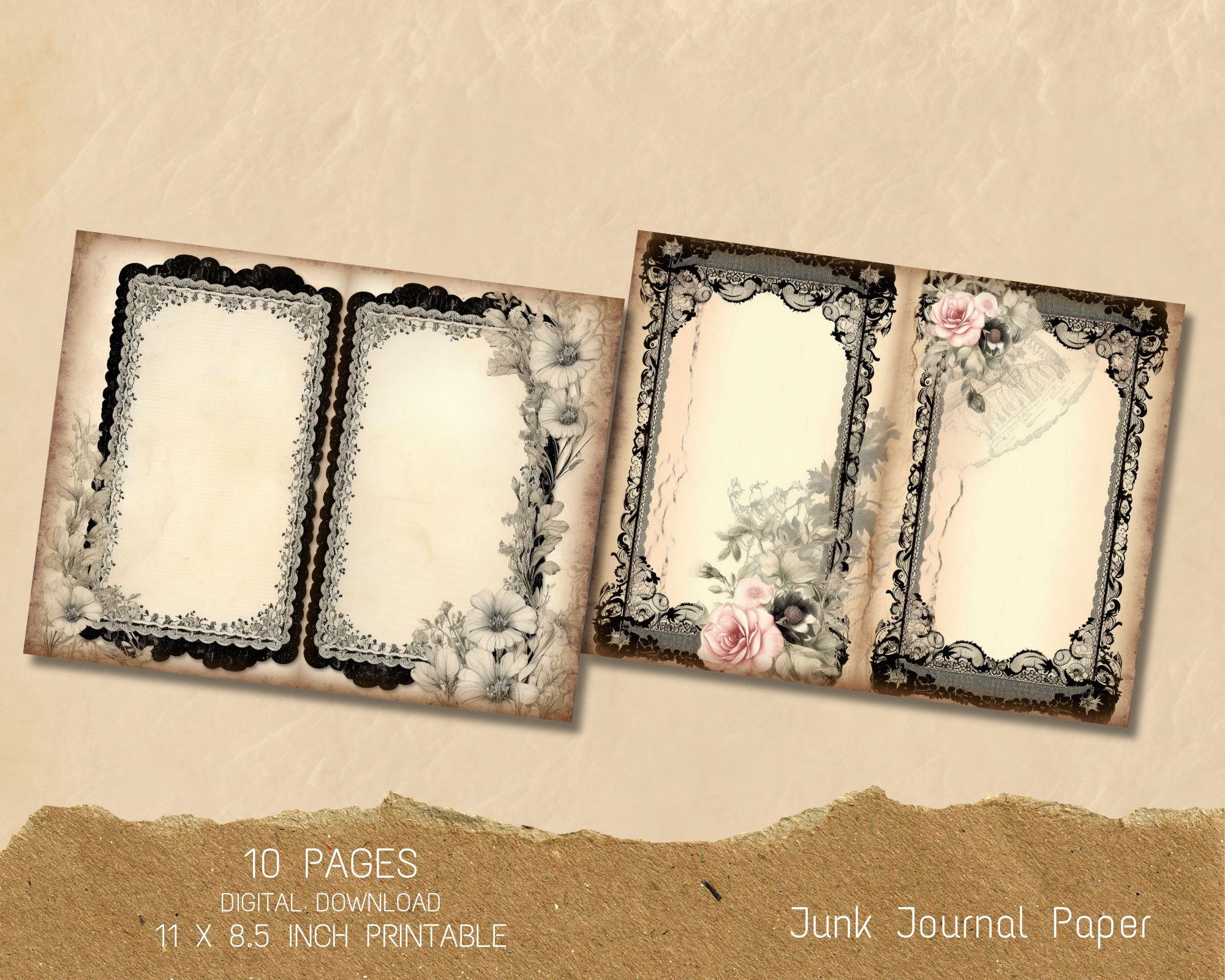 Floral Lace Junk Journal Pages, Digital Scrapbook Paper Kit, Shabby ...