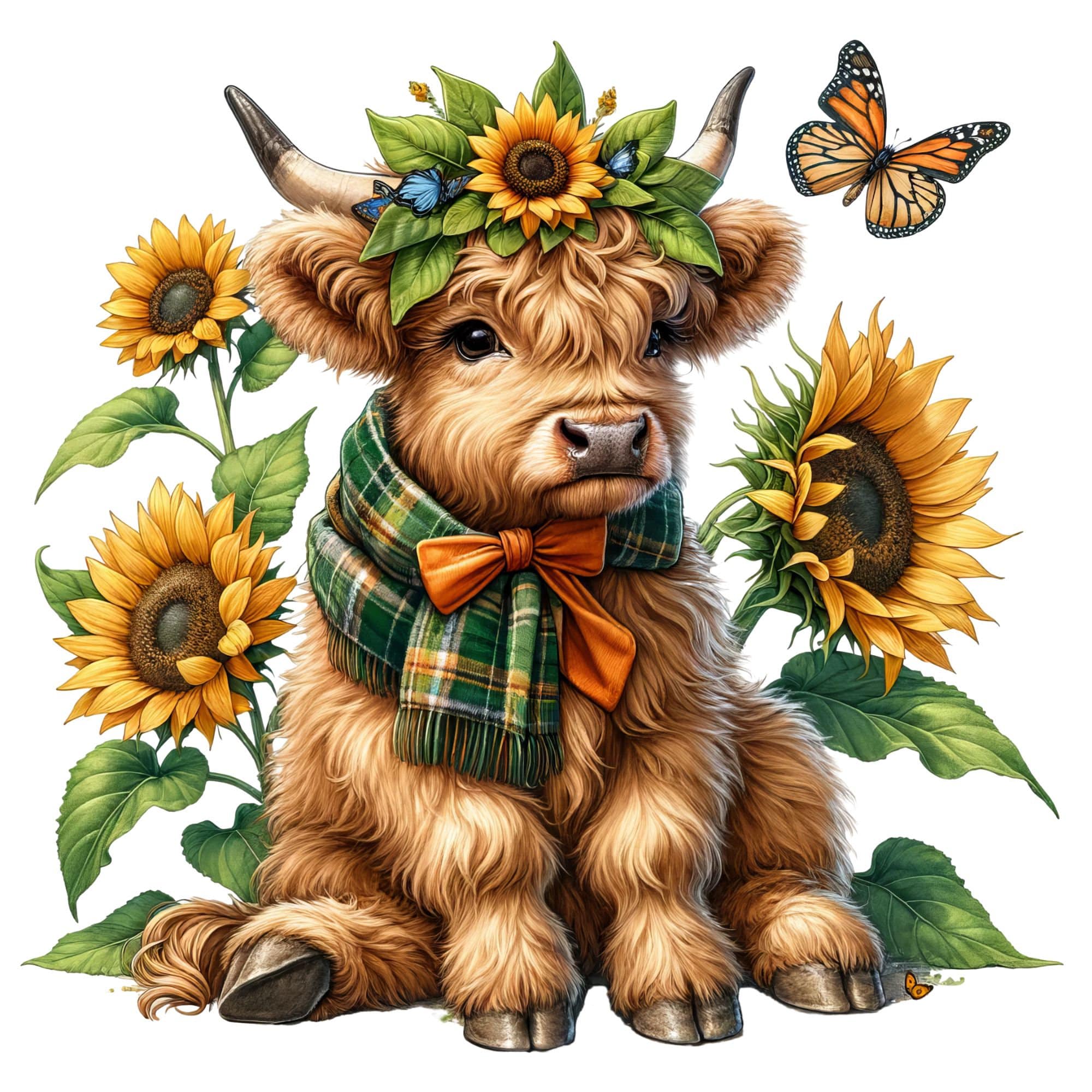 Watercolor Sunflower Highland Cow Clipart, Highland Cow Png, Baby ...
