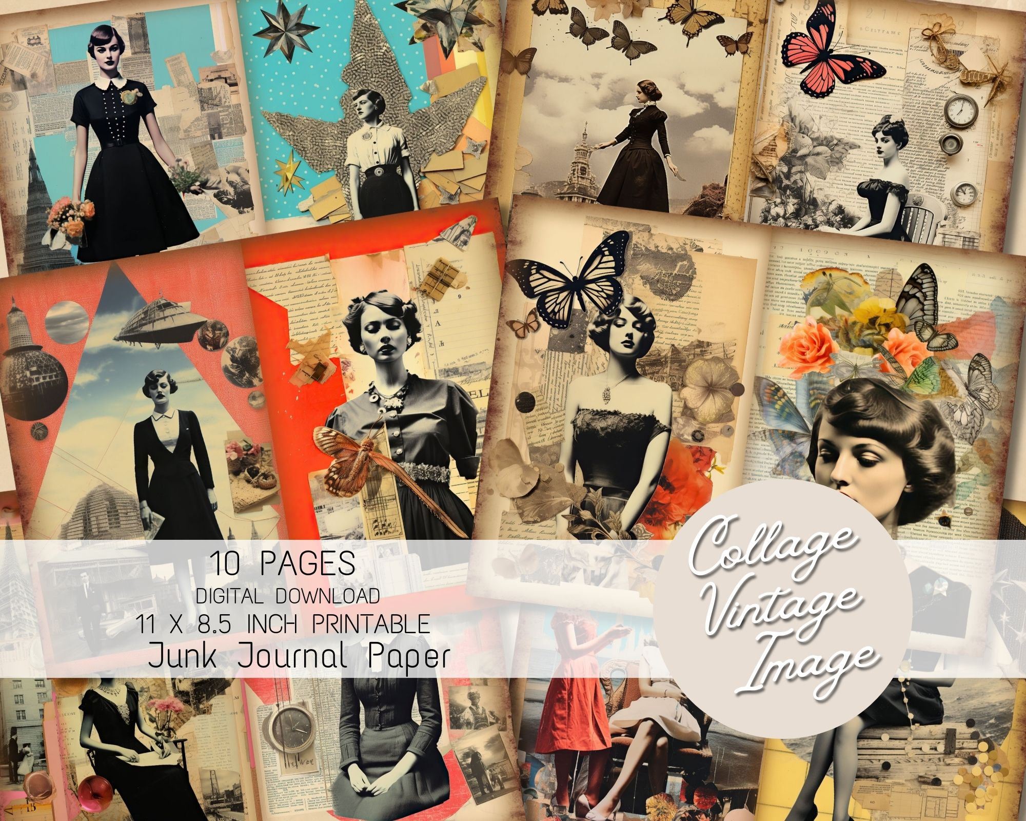 Collage Vintage Image Junk Journal Pages, Digital Scrapbook Paper Kit ...