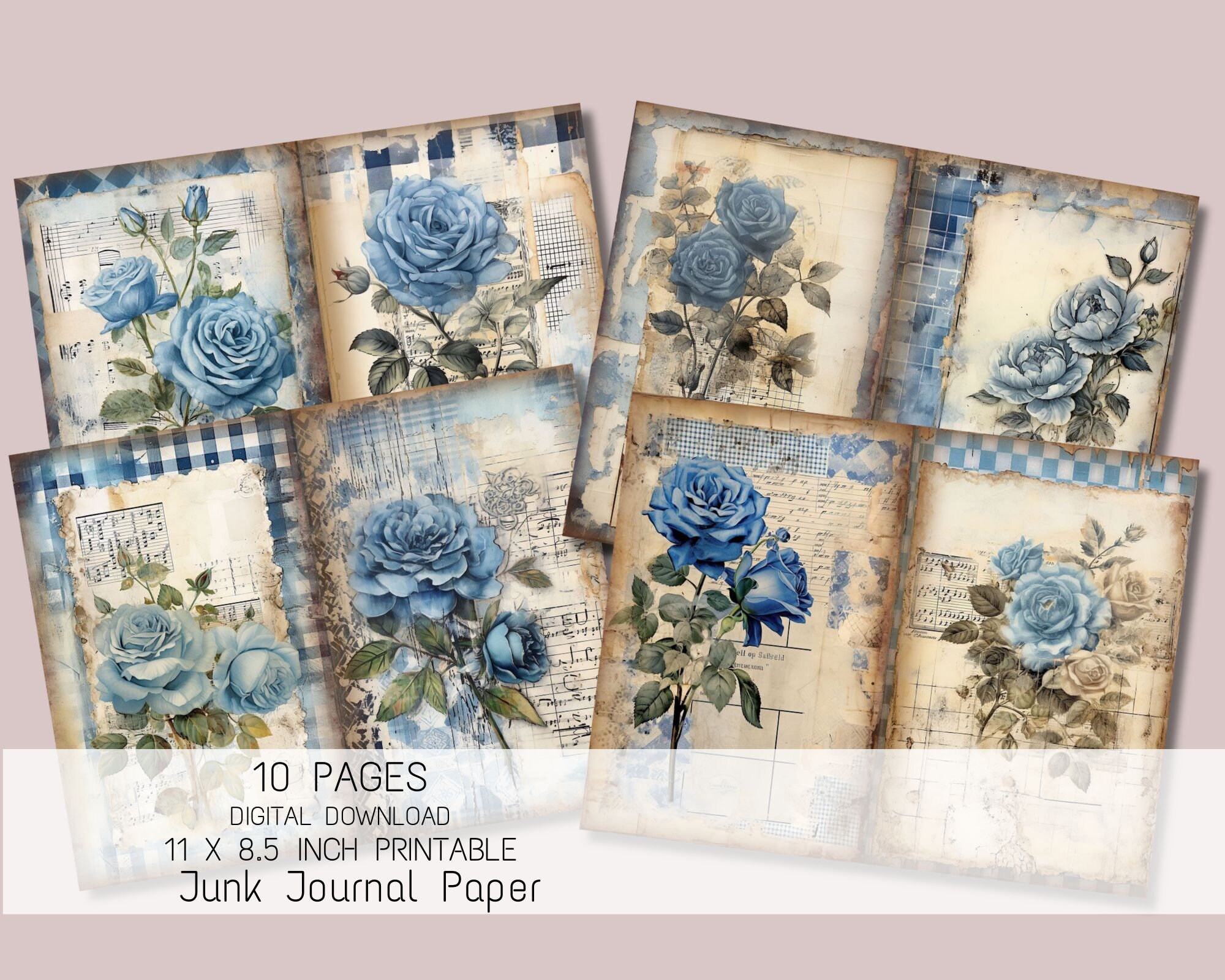 Blue Rose Junk Journal Pages,vintage Rose Digital Scrapbook Paper Kit ...