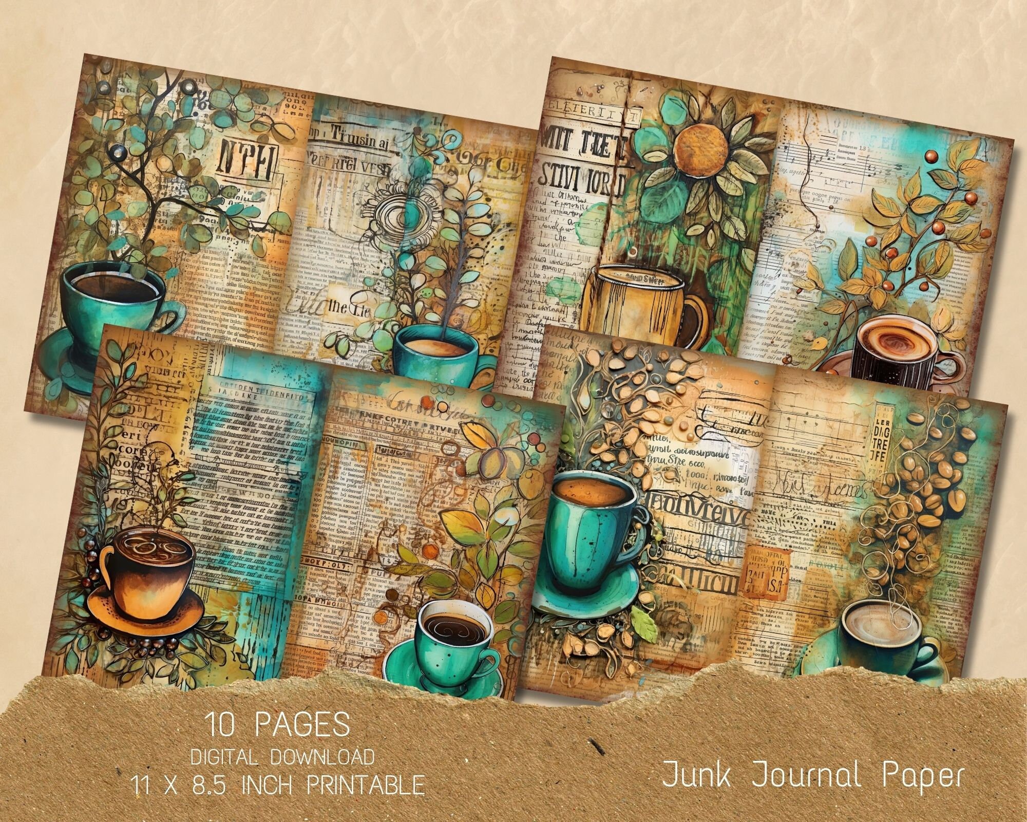 Coffee Storybook Junk Journal, in the Style of Brow and Dark Green ...