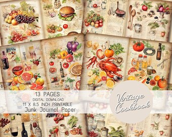 22 Vintage Cookbook Junk Journal Pages, Digital Scrapbook Paper Kit ...