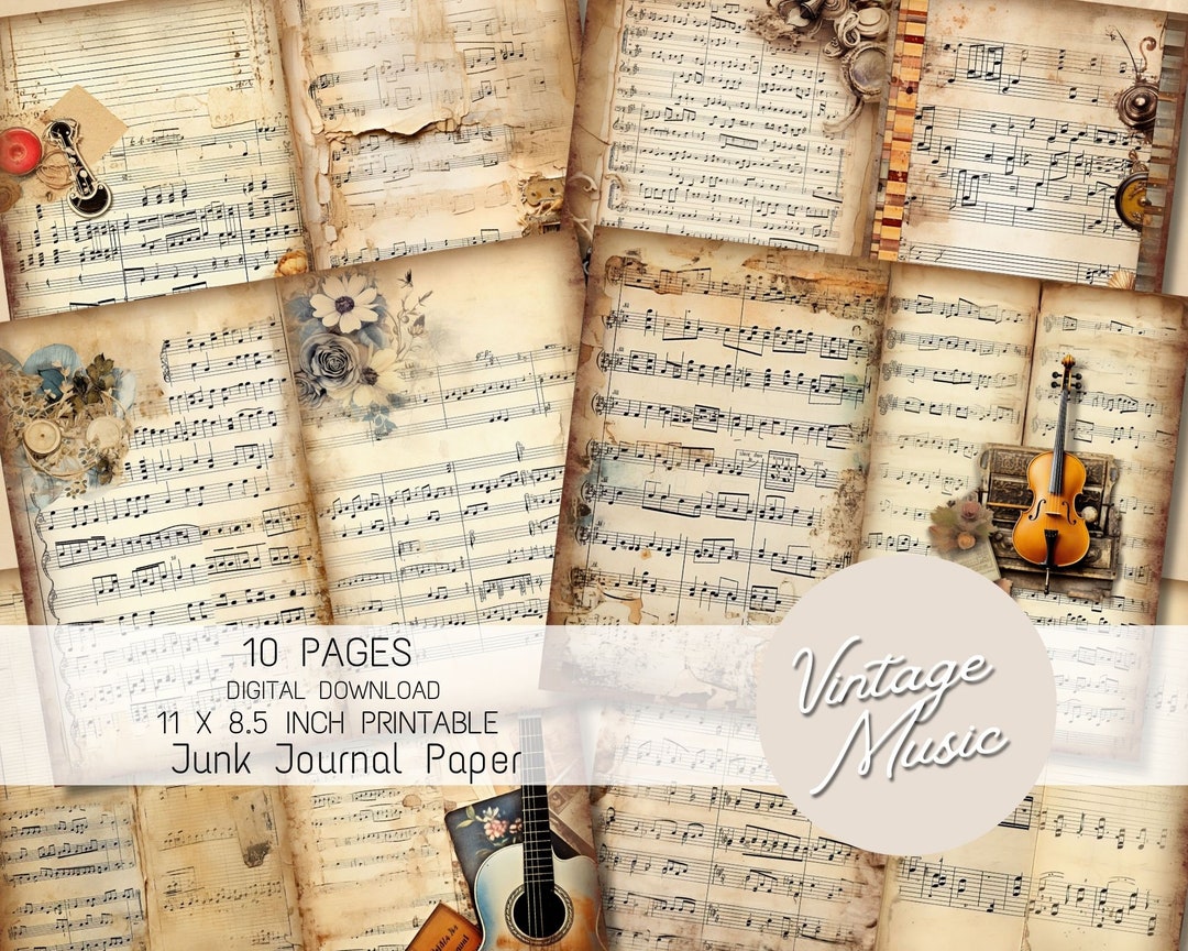 Vintage Music Junk Journal Pages, Digital Scrapbook Paper Kit, Musical ...