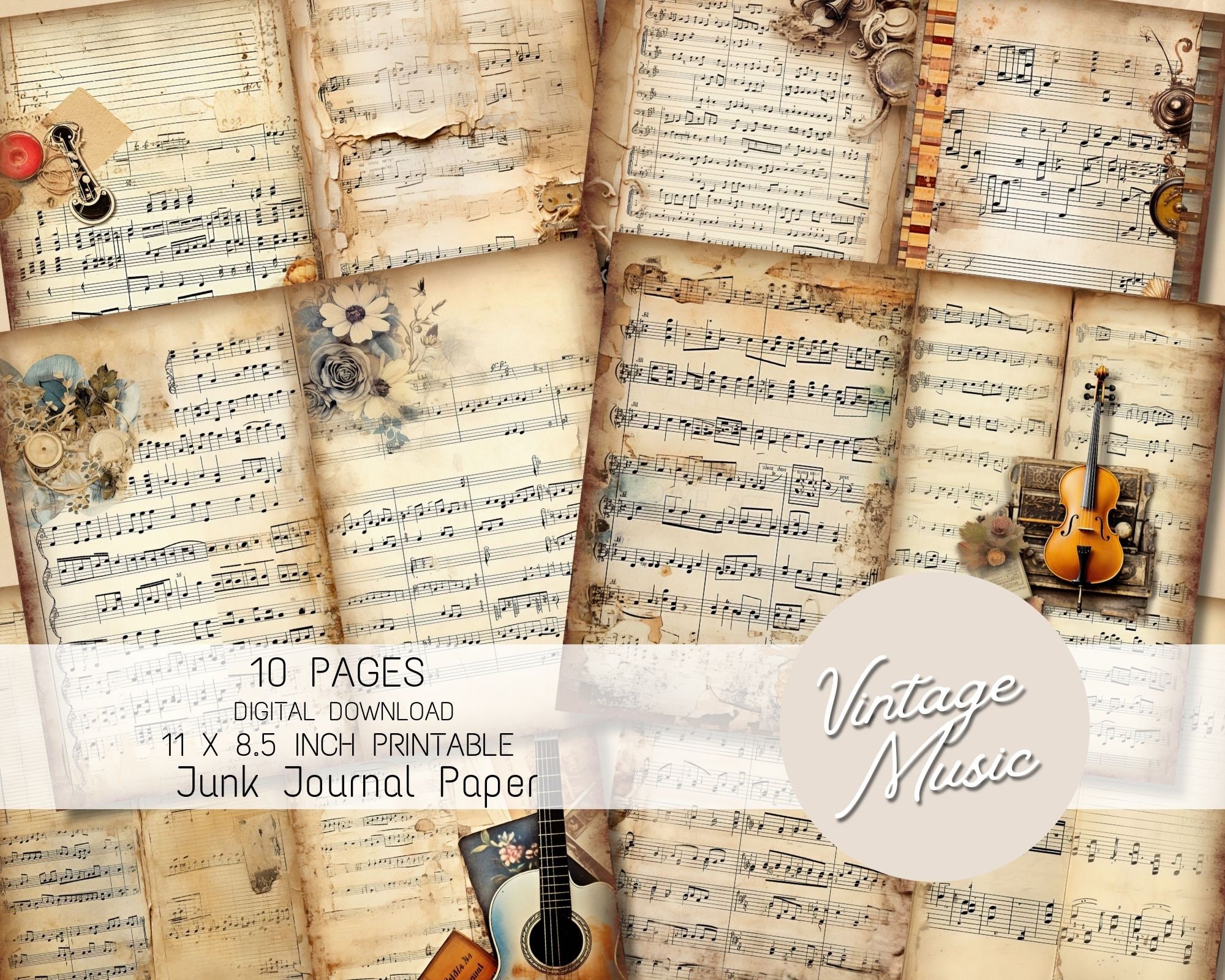 Vintage Music Junk Journal Pages, Digital Scrapbook Paper Kit, Musical ...