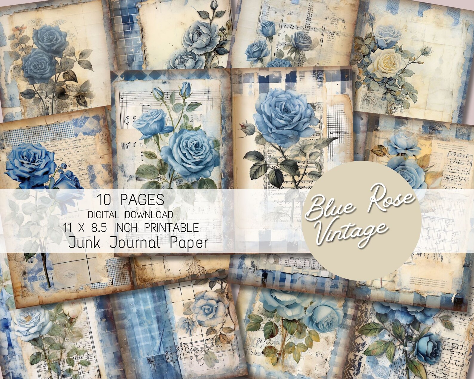 Blue Rose Junk Journal Pages,vintage Rose Digital Scrapbook Paper Kit ...
