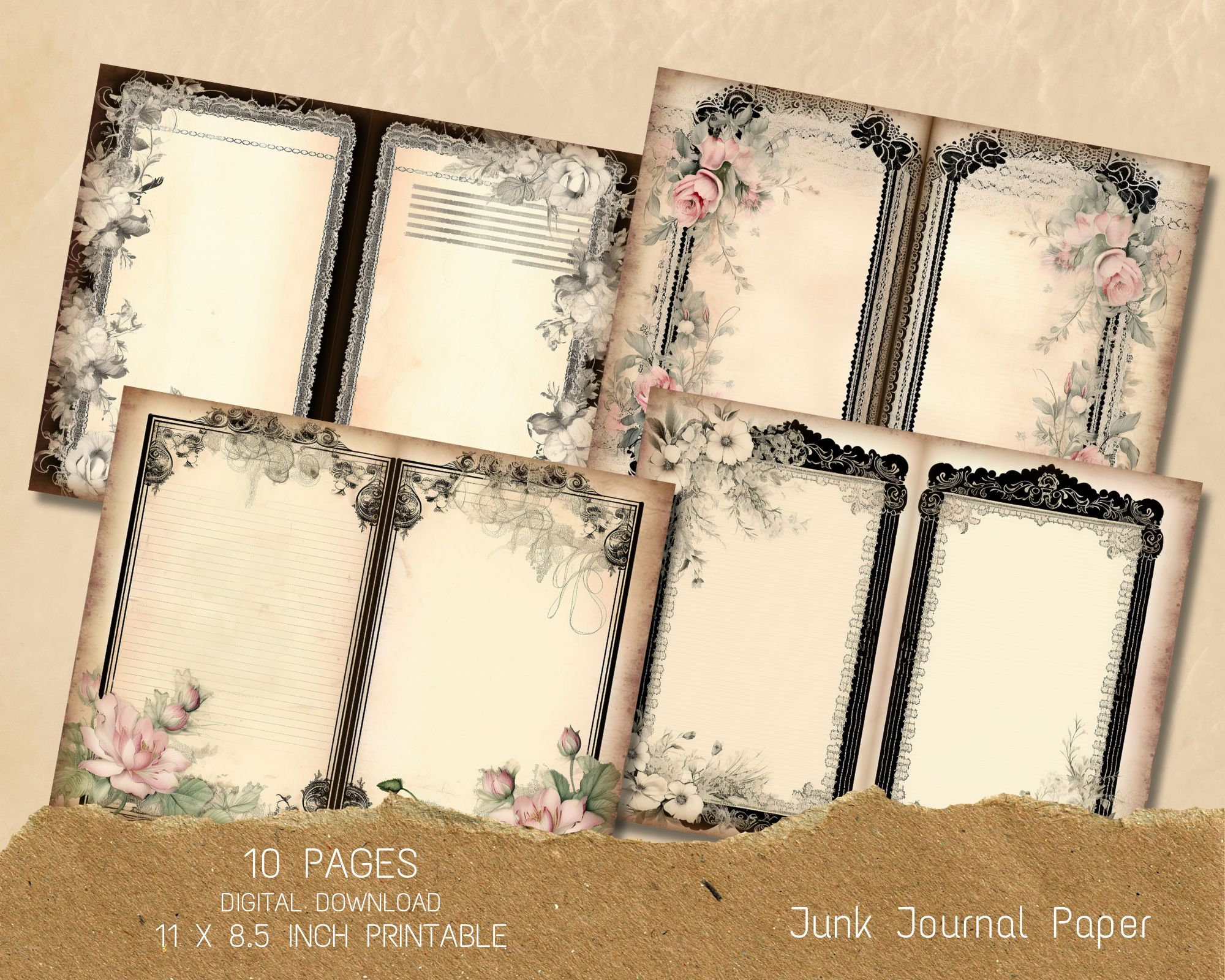 Floral Lace Junk Journal Pages, Digital Scrapbook Paper Kit, Shabby ...