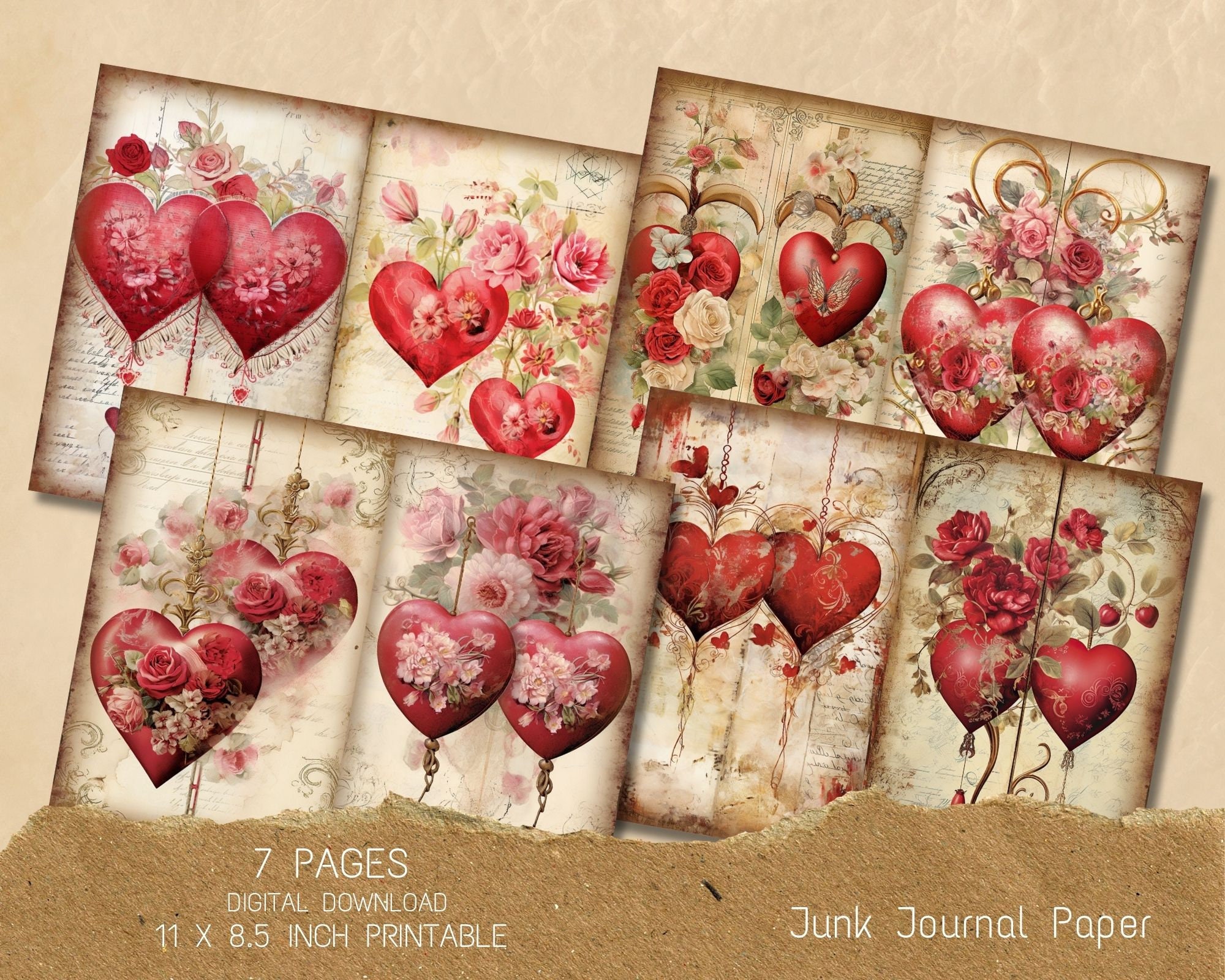 Valentine Floral Hearts Junk Journal Kit Vintage Love Digital Paper for ...