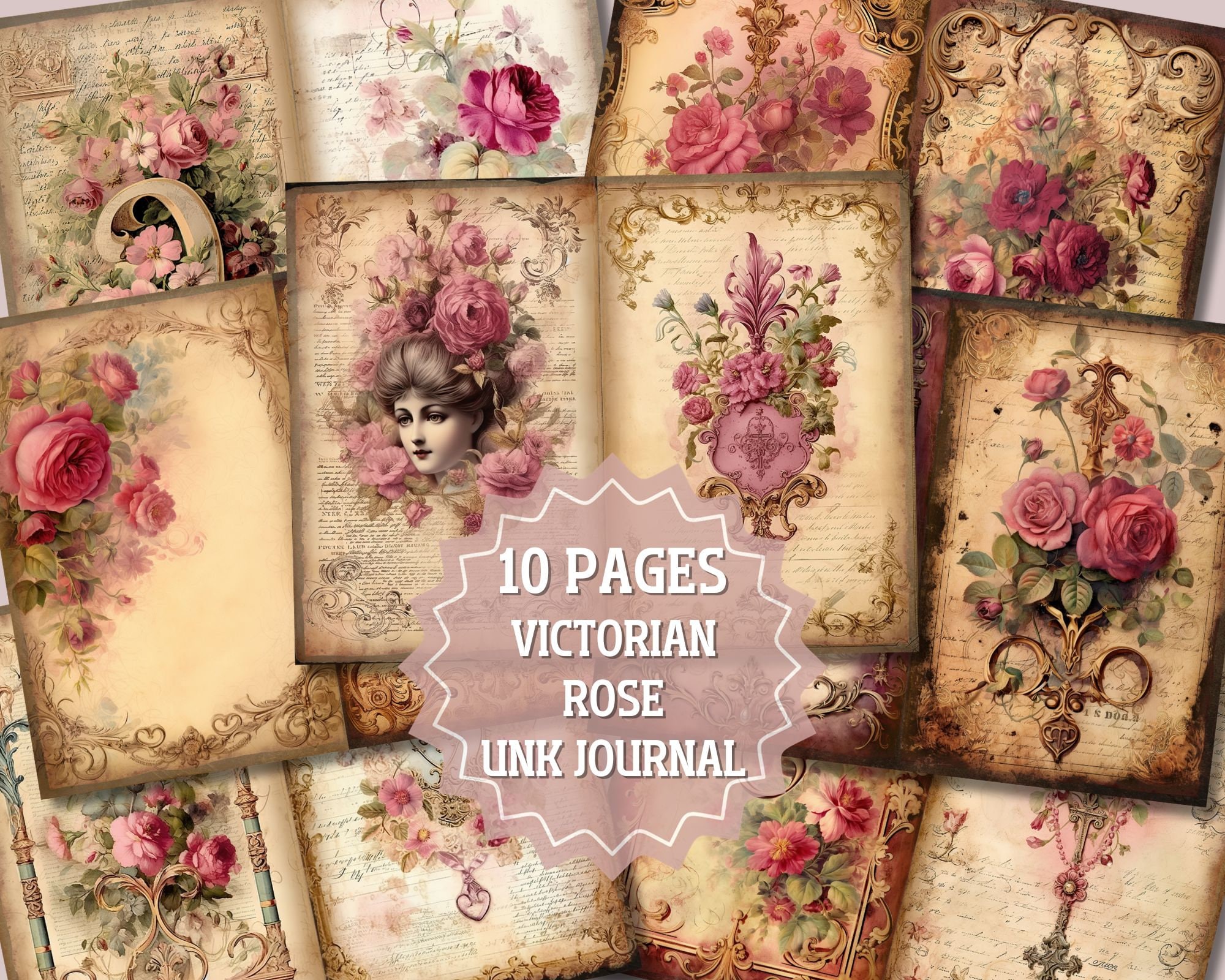 Victorian Rose Junk Journal Pages,vintage Rose Digital Scrapbook Paper ...