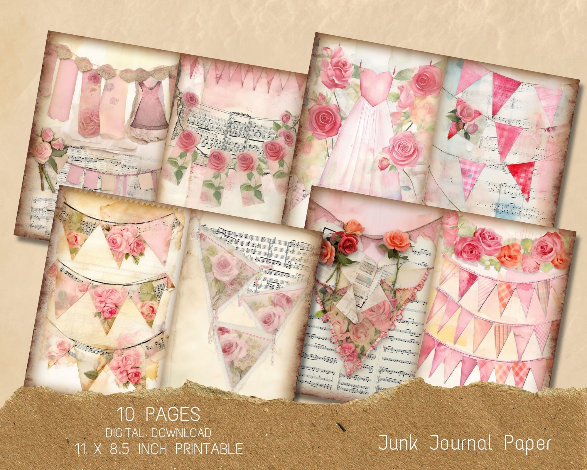 Music Pink Collage Junk Journal Pages,hot Pink Plaid,digital Collage ...