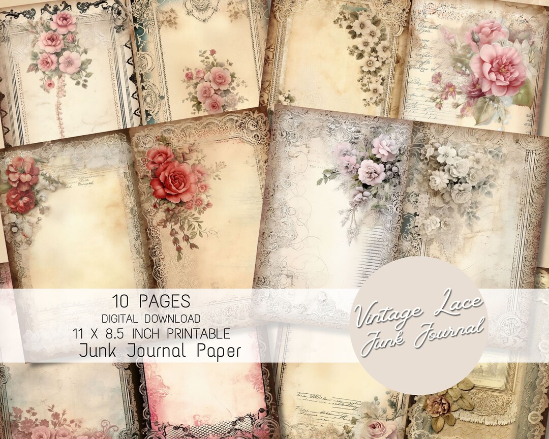 Vintage Lace Junk Journal Pages, Digital Scrapbook Paper, Printable ...