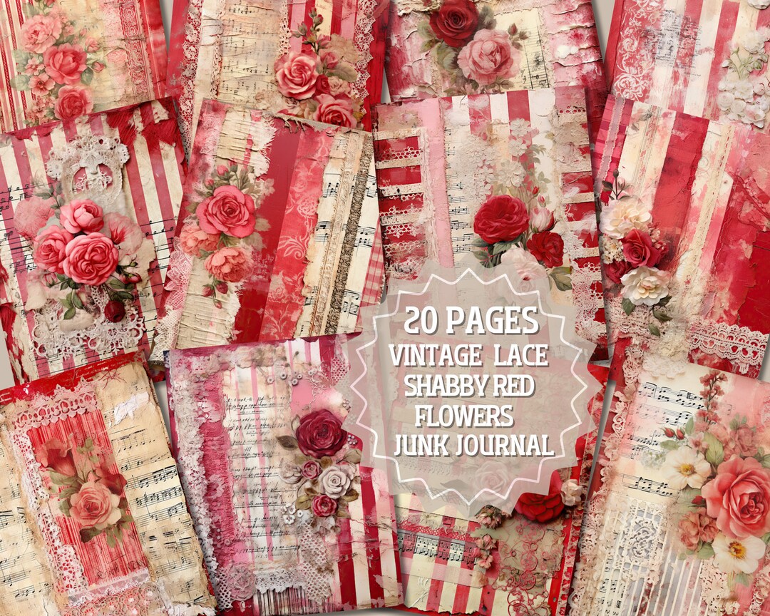 Vintage Lace and Shabby Chic Flowers Junk Journal Pages, Red Floral ...