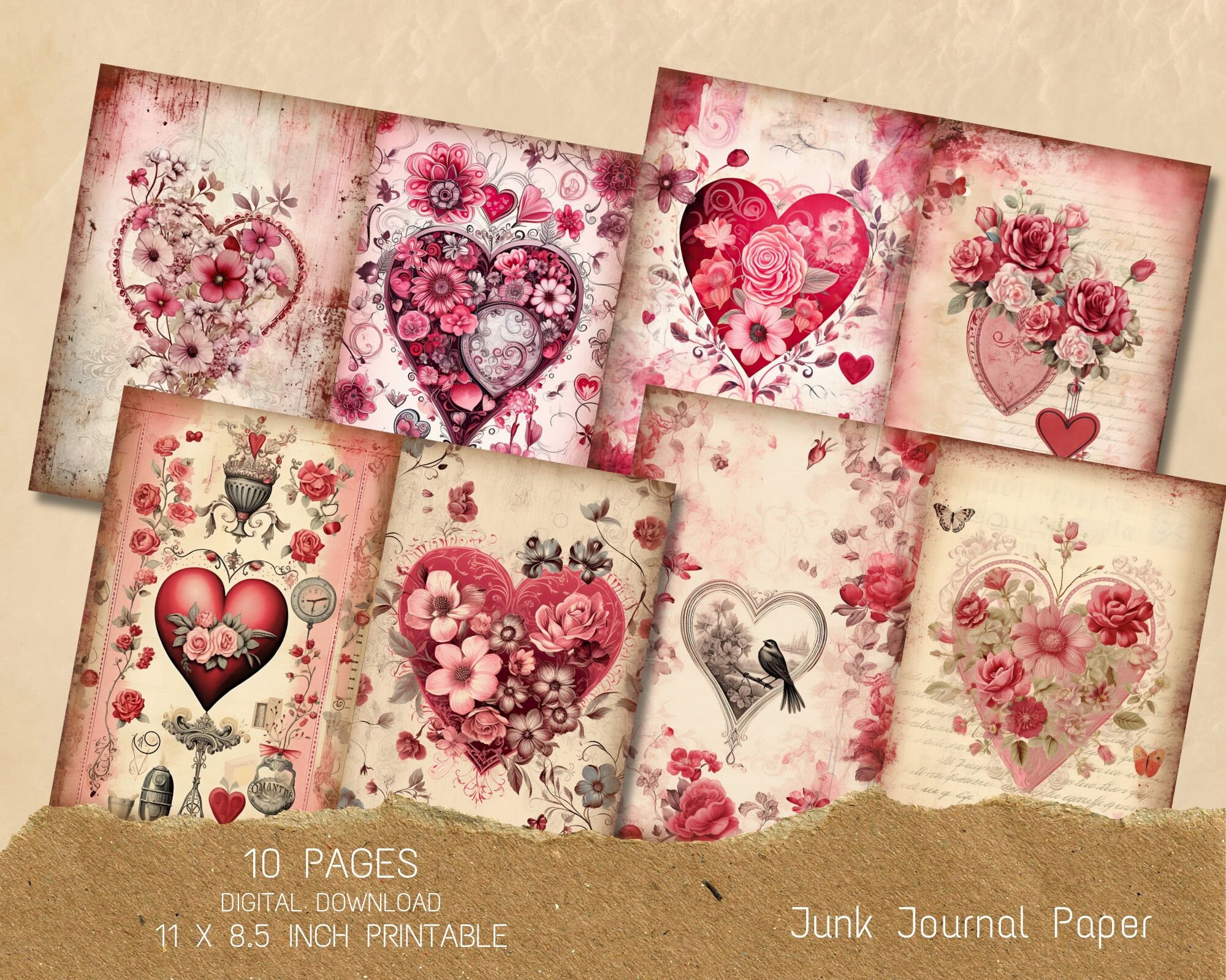 Floral Hearts Letter Junk Journal Kit Vintage Love Digital Paper for ...