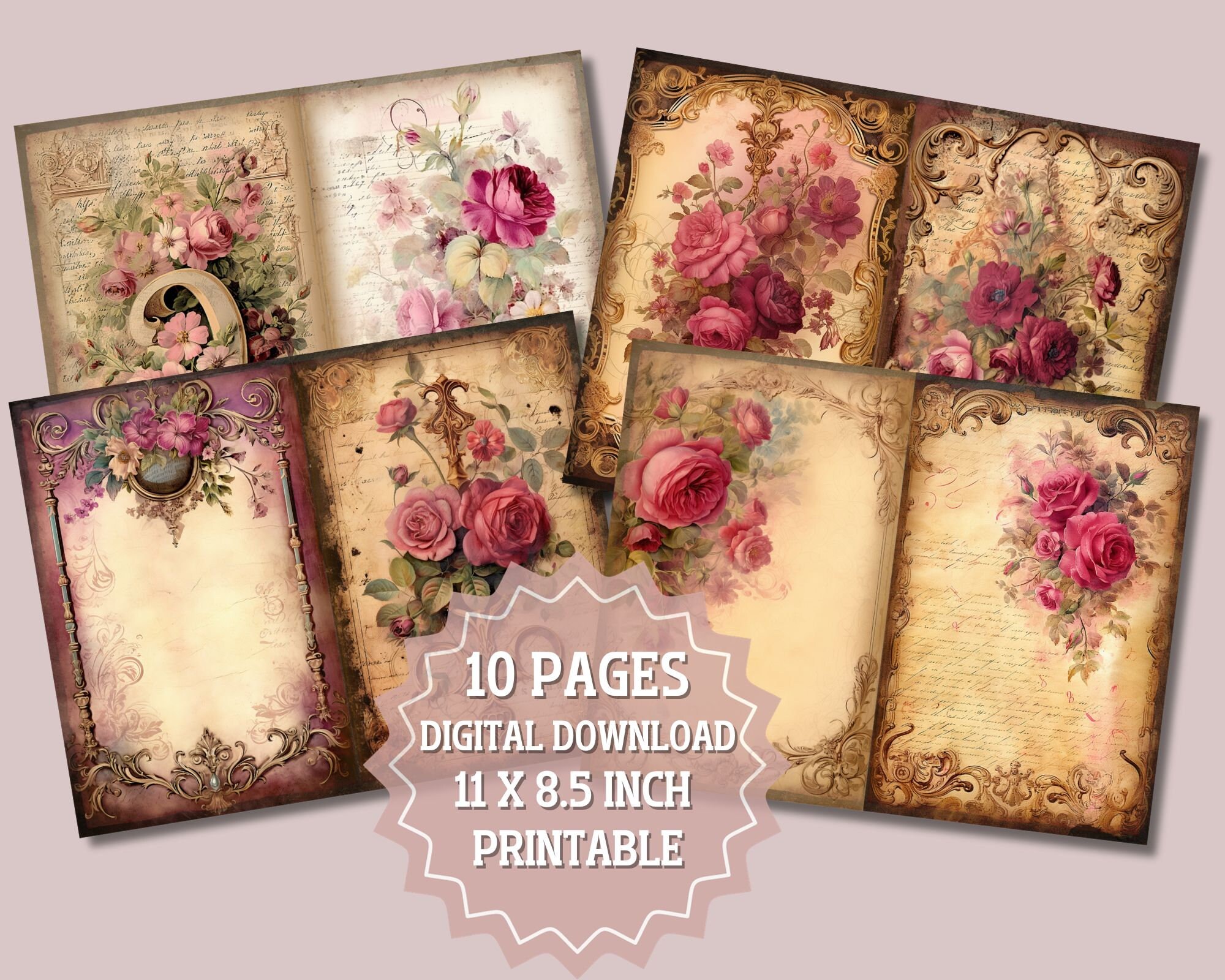 Victorian Rose Junk Journal Pages,vintage Rose Digital Scrapbook Paper ...